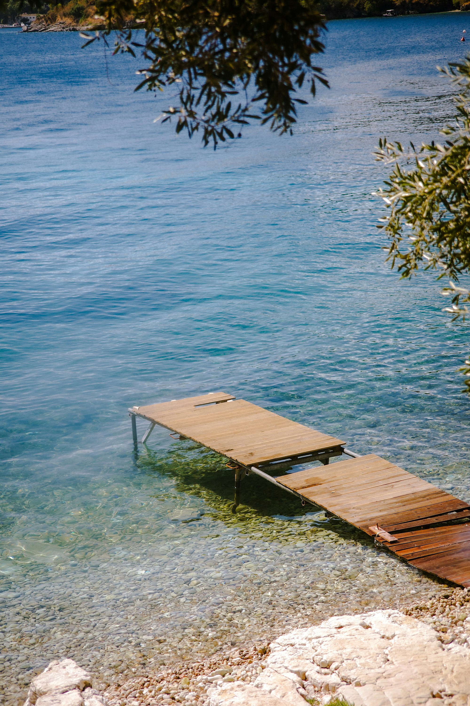 Wooden pier extending into clear blue water