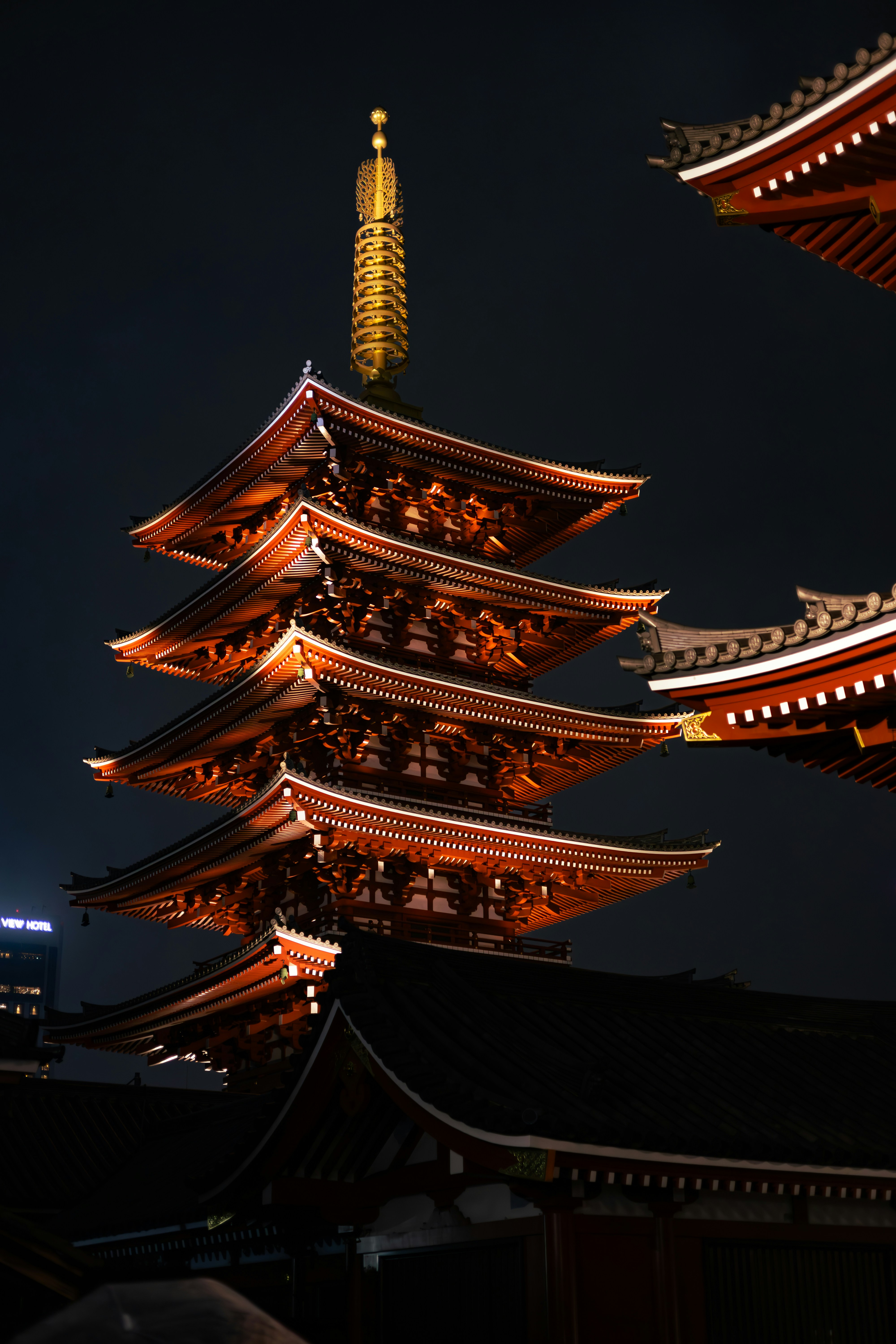 Illuminated japanese pagoda at night against dark sky.