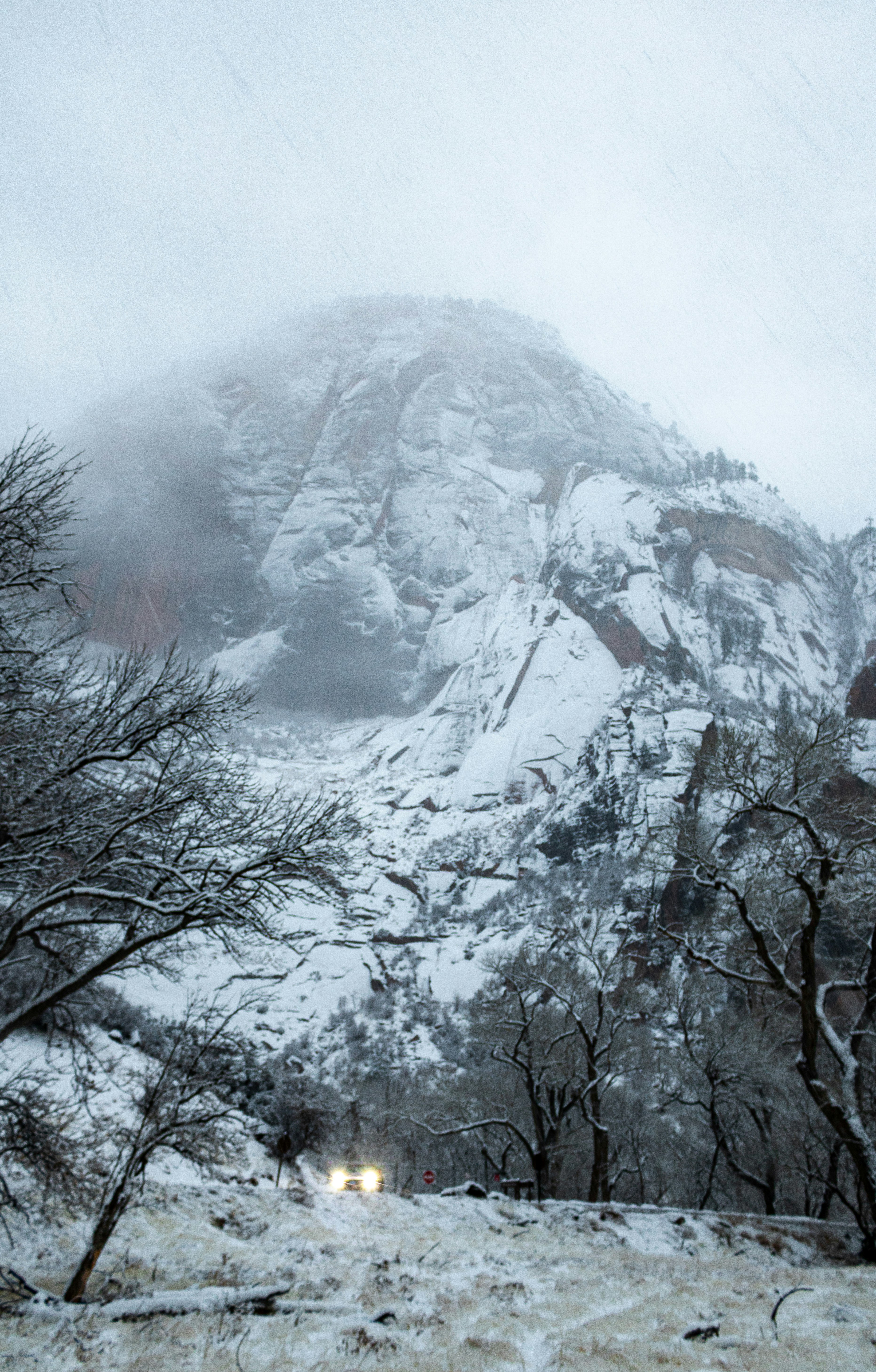 Snow-laden cliffs loom in the background, partially obscured by mist, while a vehicle's headlights pierce through the winter haze.