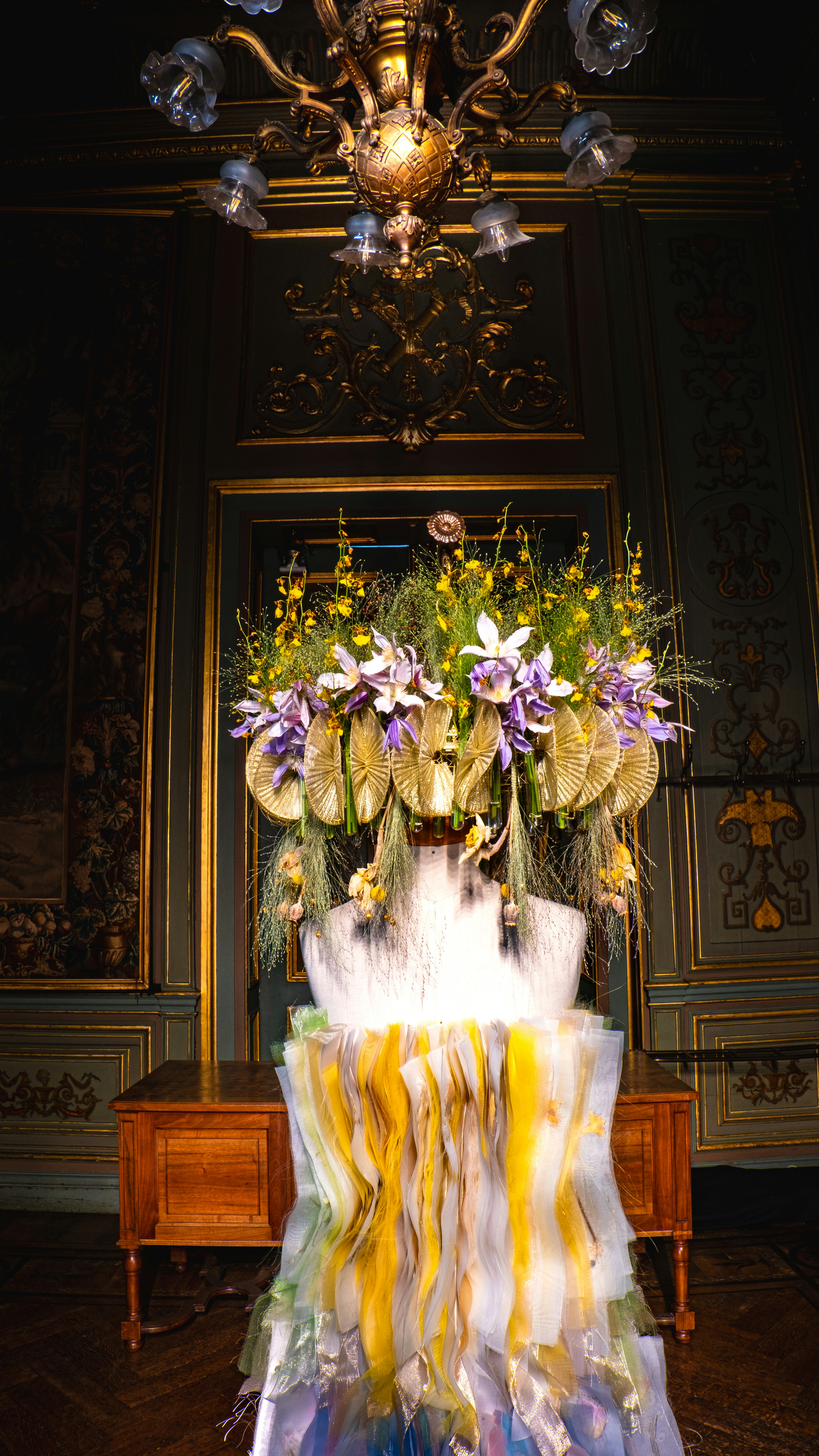 Floral Crown in a Baroque Parlor: Light, Silk and Gold