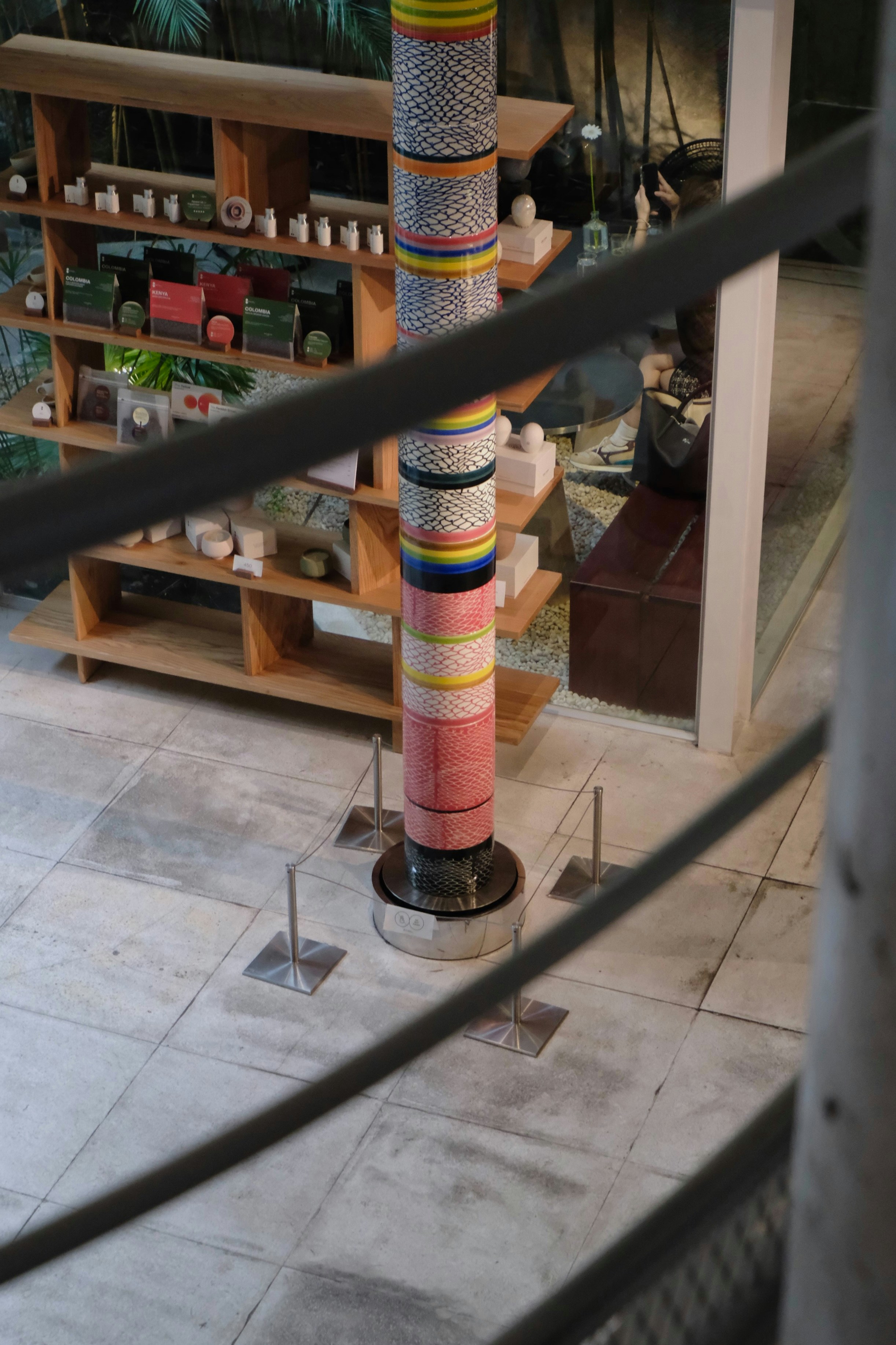 Vertical Yarn Tower anchors a quiet retail space