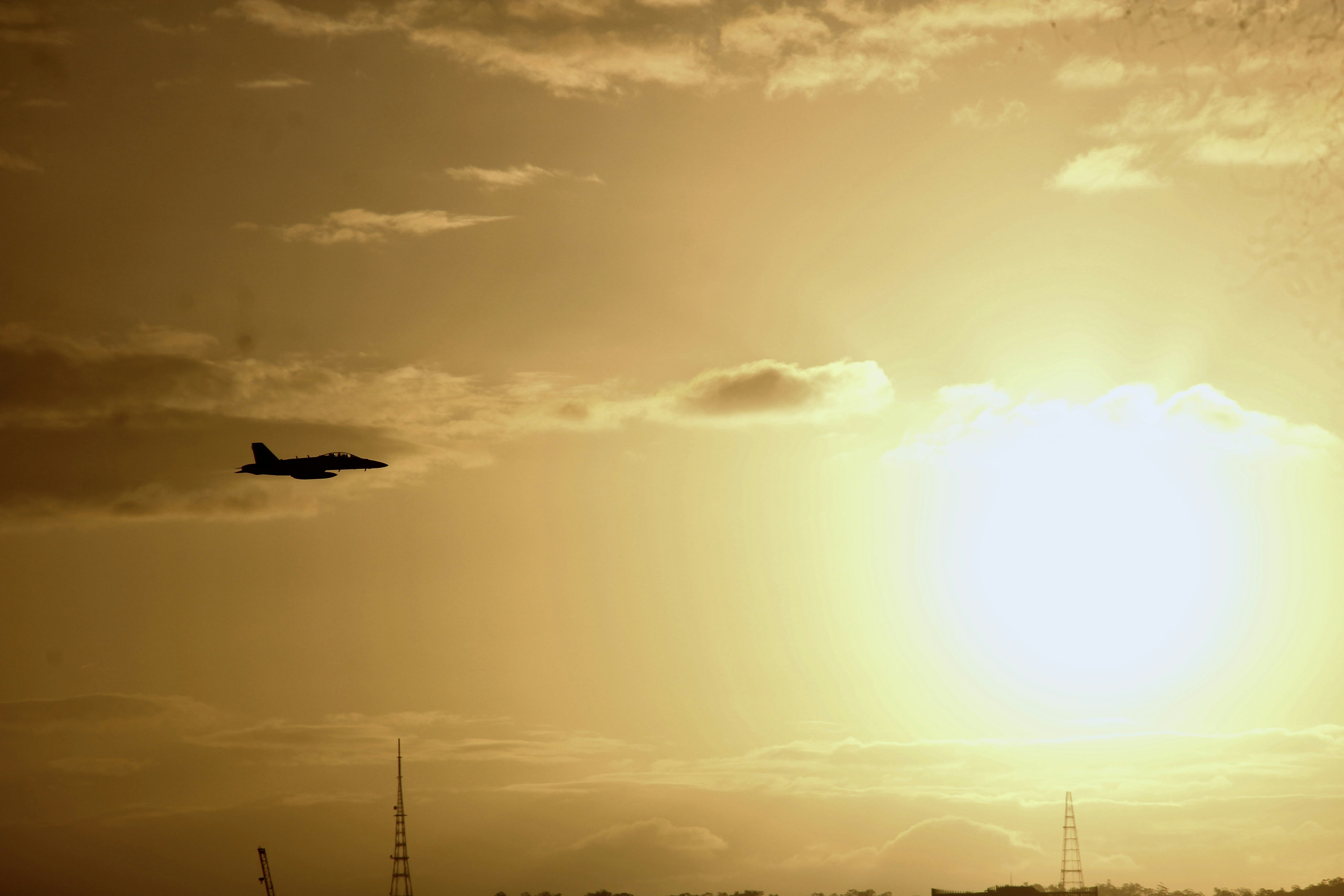 Australian Air Force EA-18G flying over Brisbane sunset | Jet airplane flying in the sky at sunset
