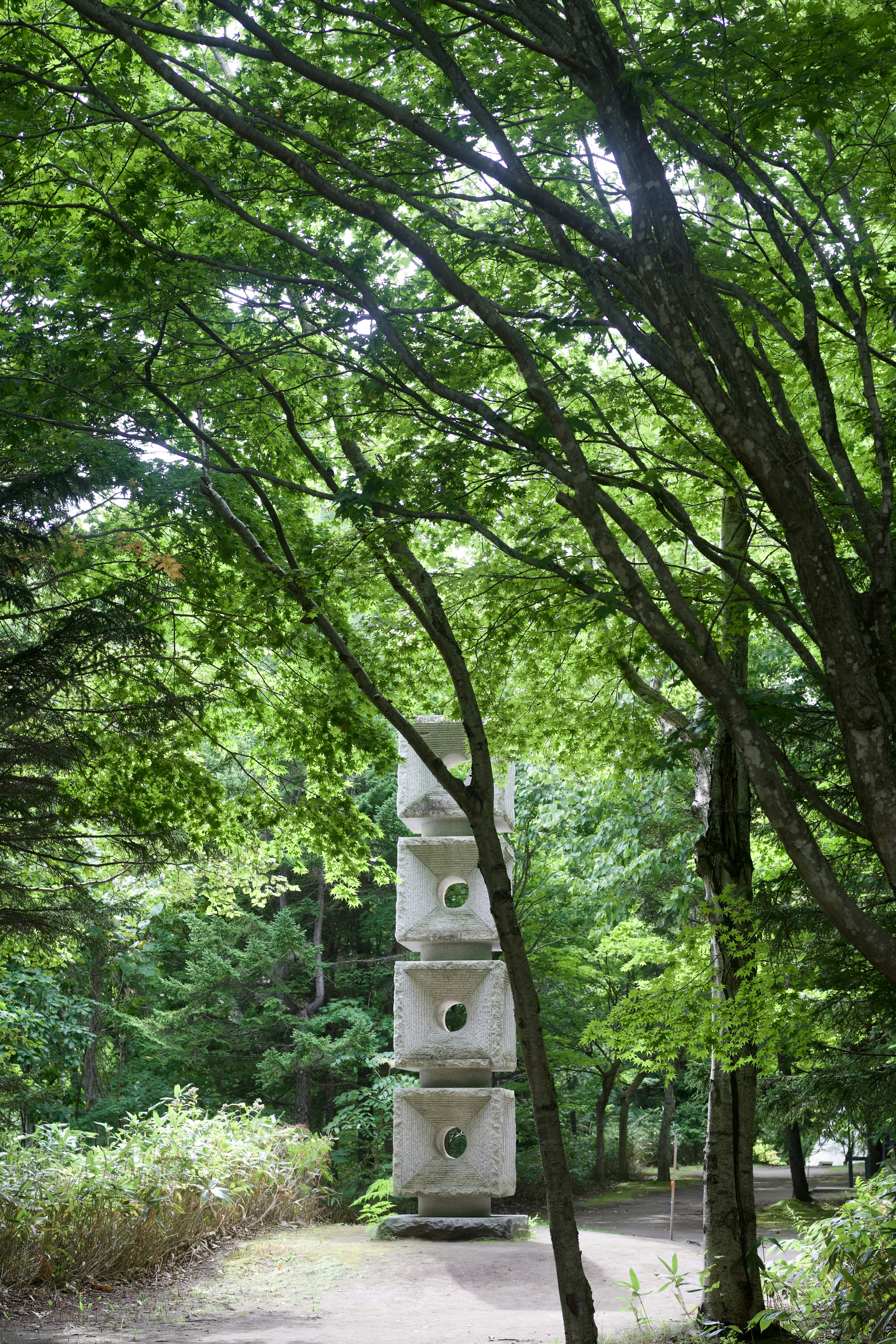 Modern sculpture in a lush green forest setting