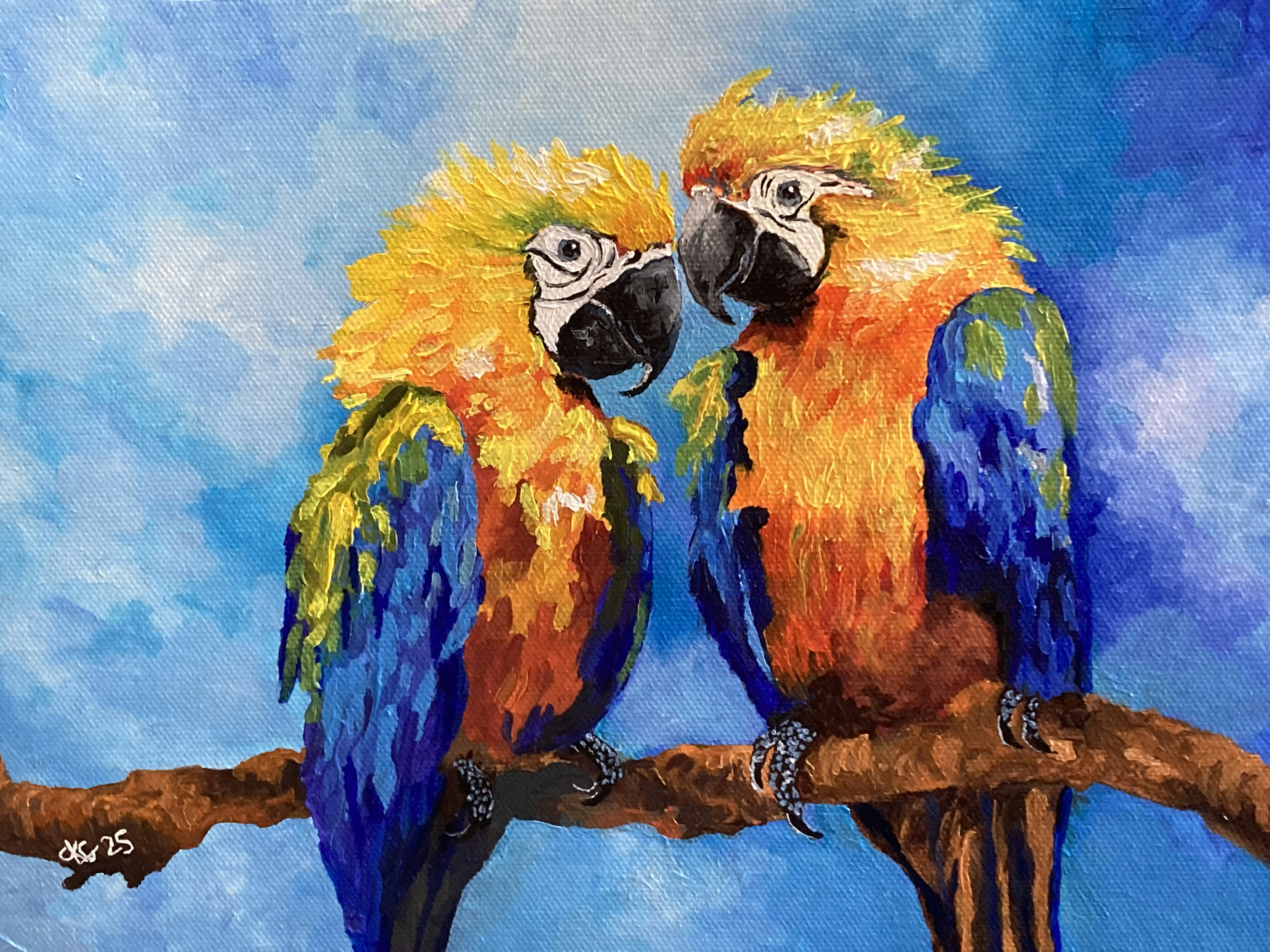 Two beautiful blue parrots sitting together on a branch as if talking to each other. Painted on canvas in oils. I loved this colourful characteristic project. Oils just really lift the colours of art and gives you many styles to try. Long lasting brightness and could be hundreds of years of joy if cared for carefully. This looks perfect when framed. Ideal in a Childs bedroom. | Two colorful parrots perched on a branch