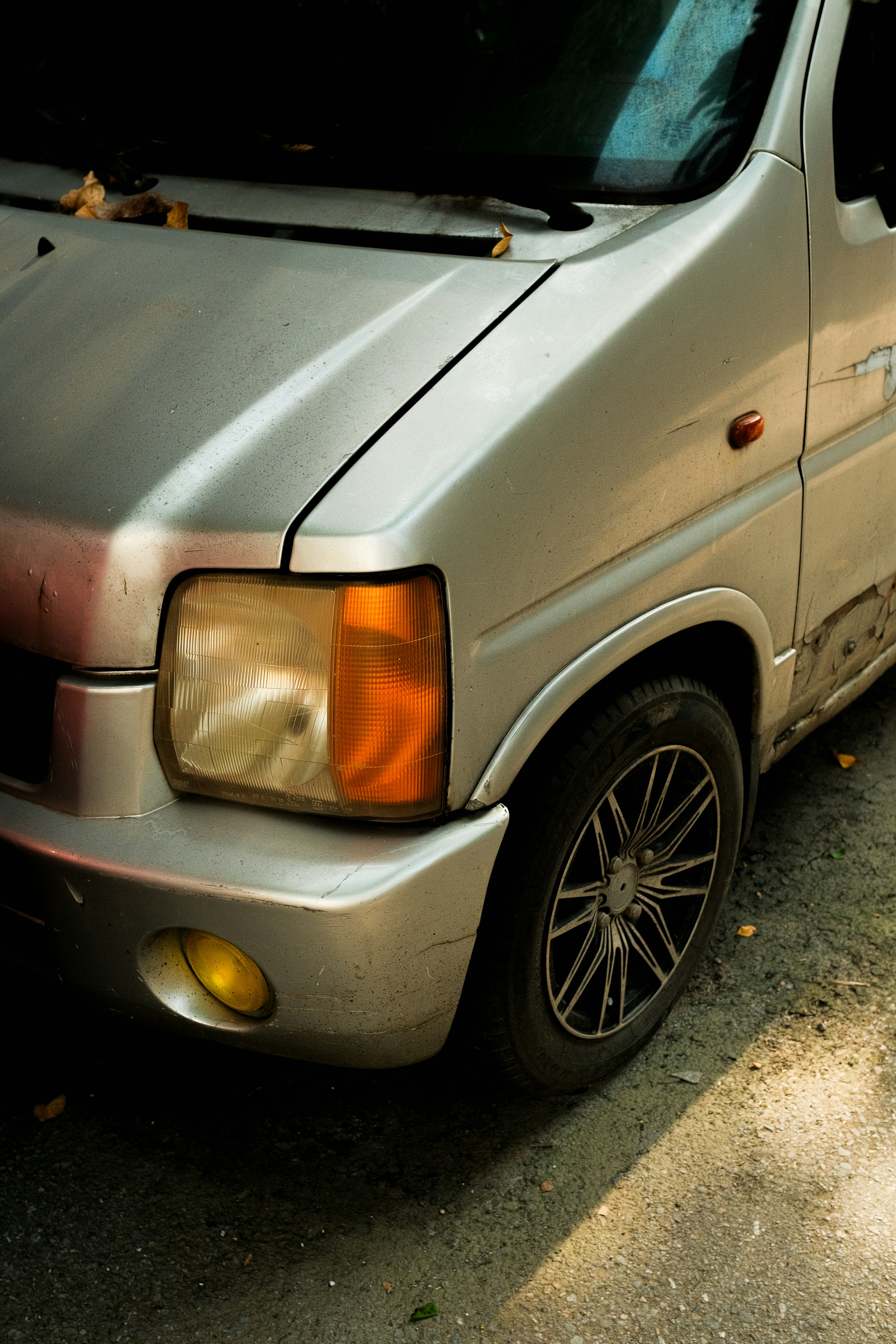Silver car with yellow fog lights and autumn leaves