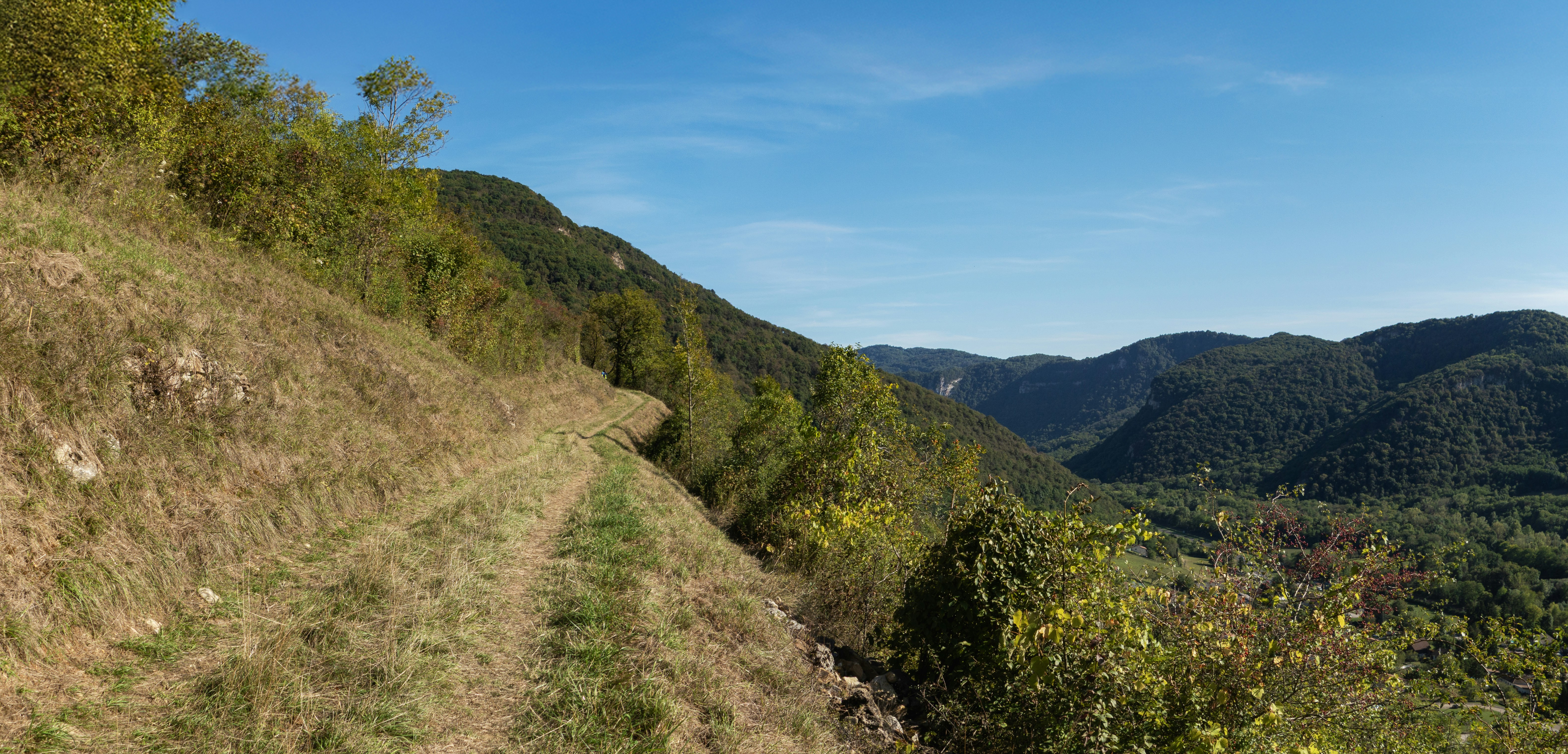A winding trail meanders through lush green hills under a clear blue sky, showcasing the beauty of the natural landscape.