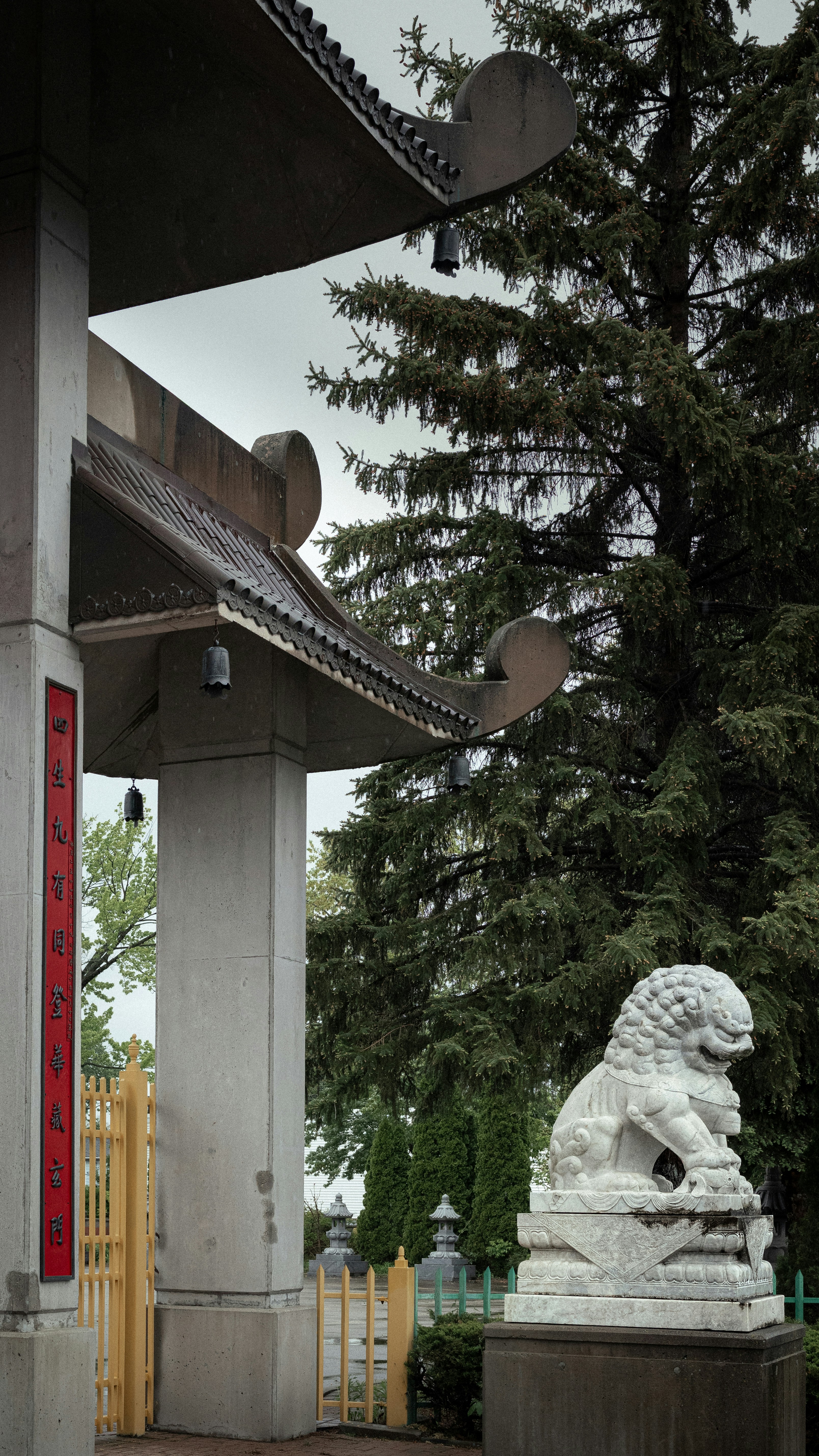 Stone Lion Guardian at the Temple Gate Framed by Rooflines and Pines