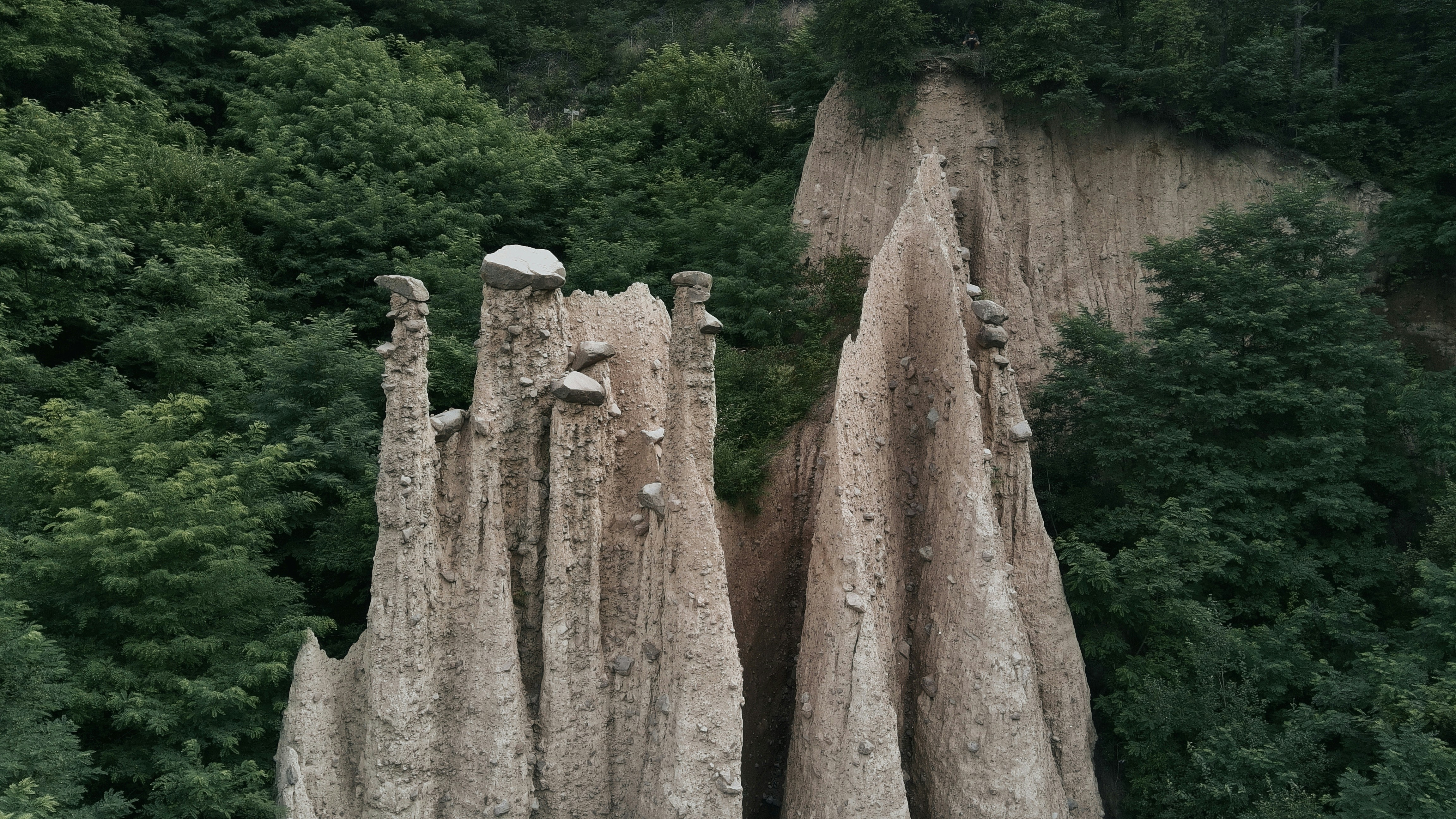 Unique rock formations rise dramatically amidst lush greenery, showcasing the intricate beauty of natural erosion. The scene highlights the stark contrast between the rugged cliffs and vibrant foliage.