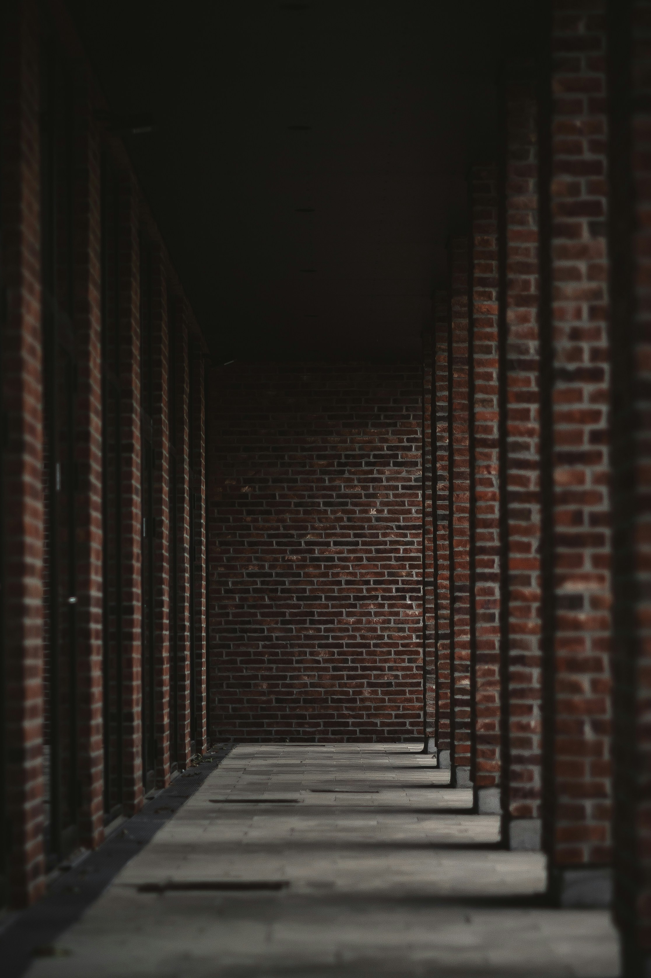 Brick wall hallway with vertical columns and shadows photo – Free Dark ...