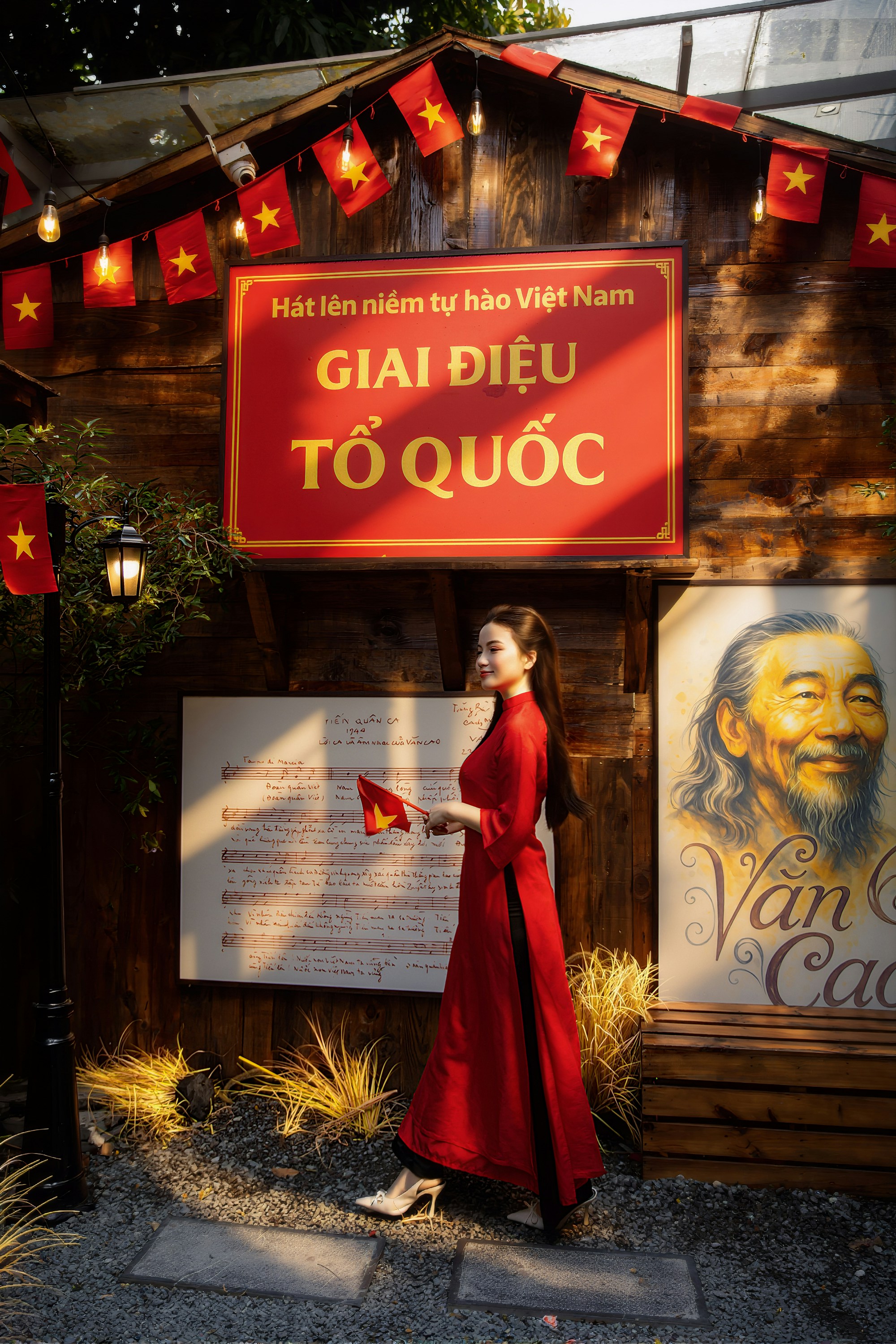 Red Cheongsam in the Lantern Glow: A Moment at the Vietnamese Heritage Wall