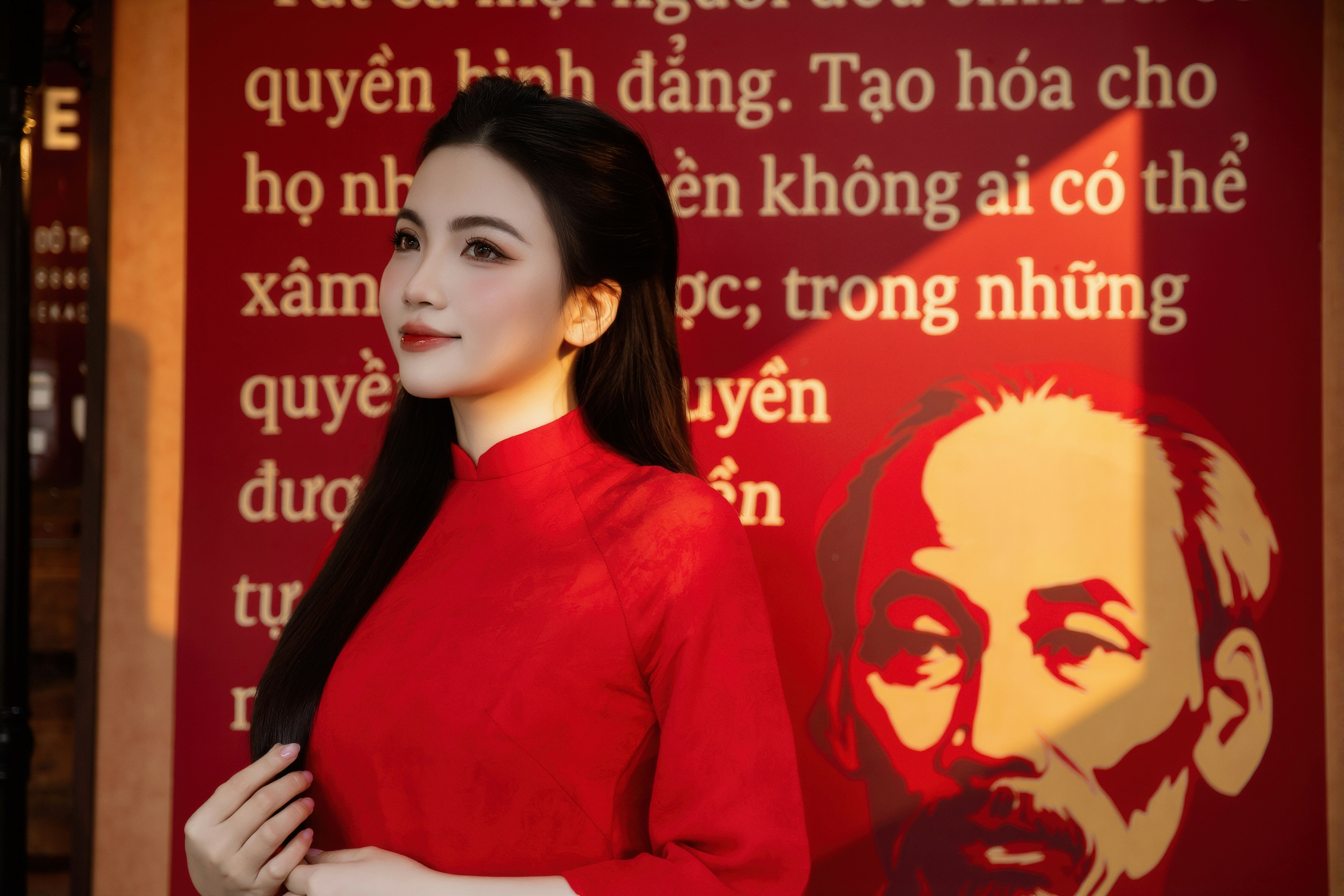 Crimson Quietude: Portrait Before a Red Wall of Text and a Large Portrait Silhouette
