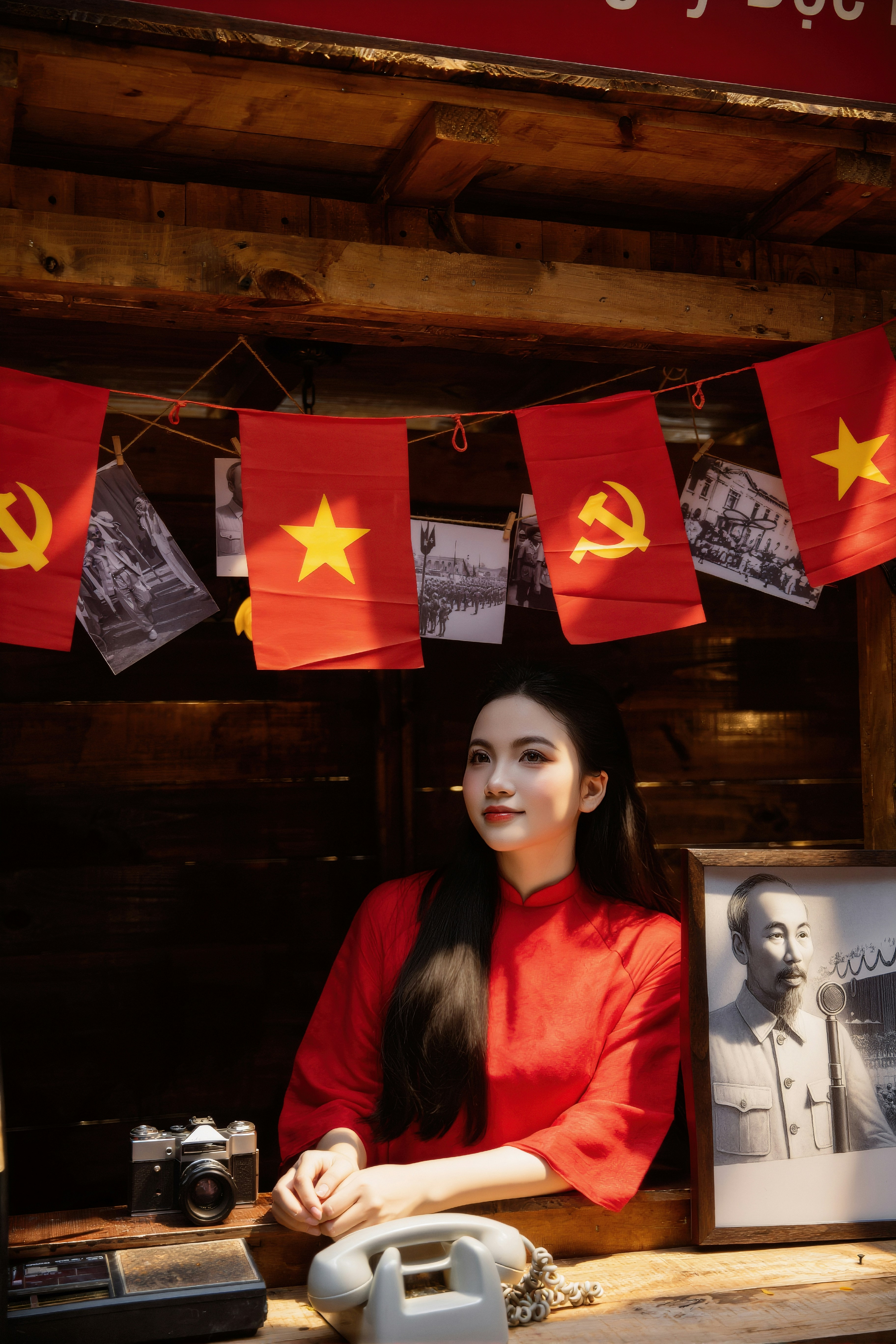 A young woman in a red traditional outfit poses at a vintage stall adorned with flags and historical photographs. The scene evokes a sense of nostalgia and cultural pride.