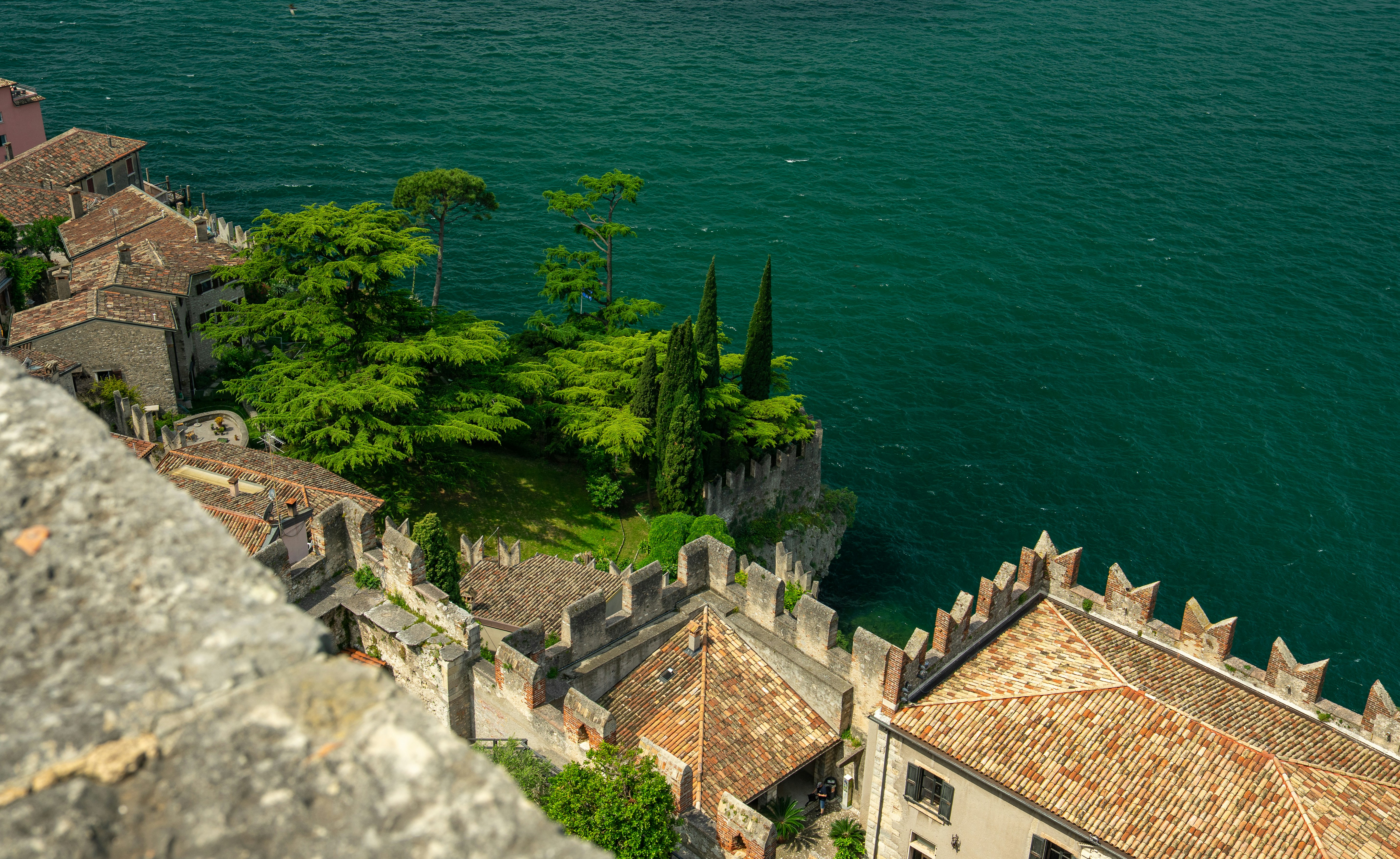 Lush greenery enveloping a historic stone structure by the water's edge, showcasing a blend of nature and architecture.