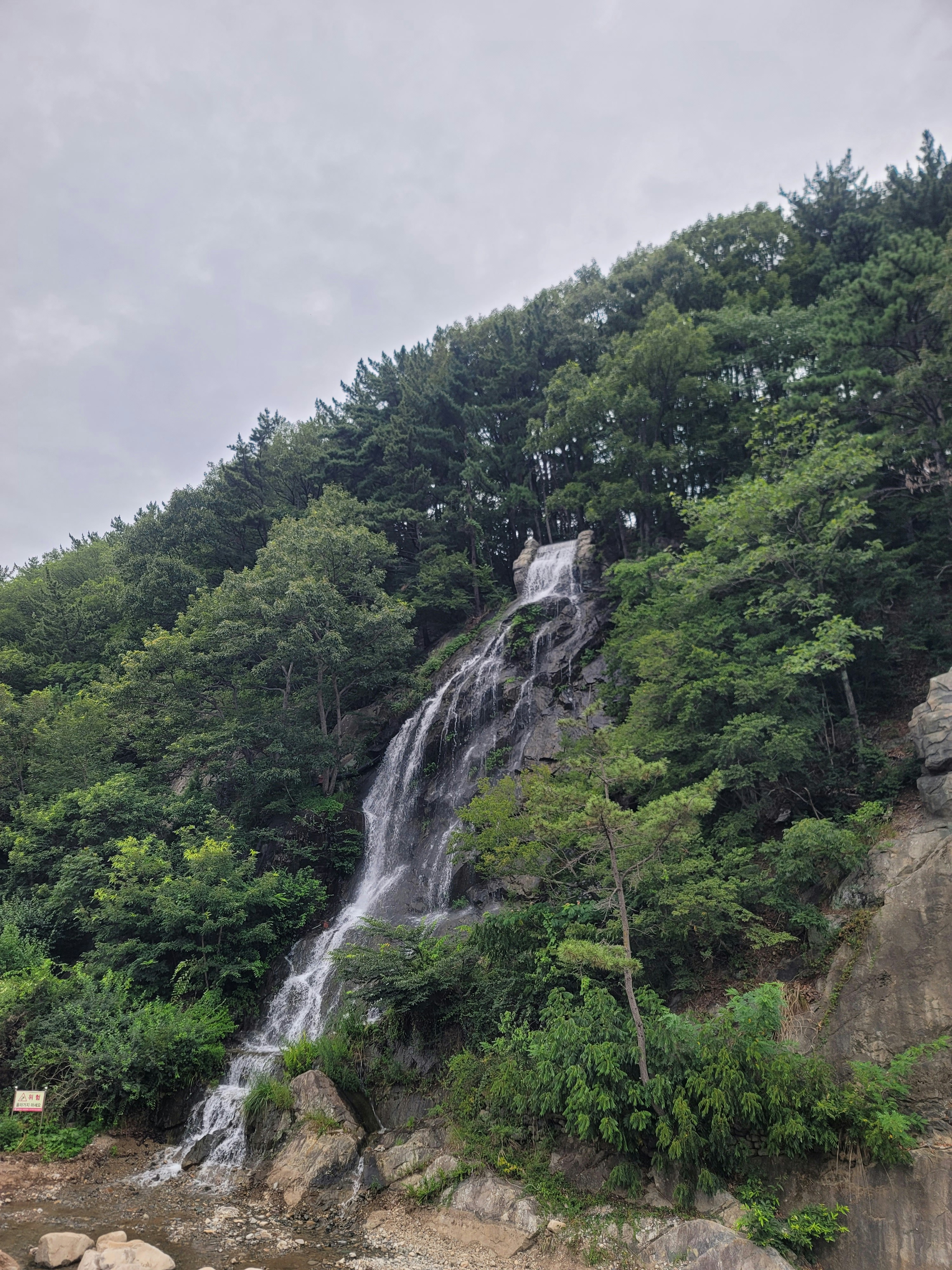 Waterfall cascading down a rocky hillside, surrounded by lush greenery and trees. The tranquil scene invites exploration.