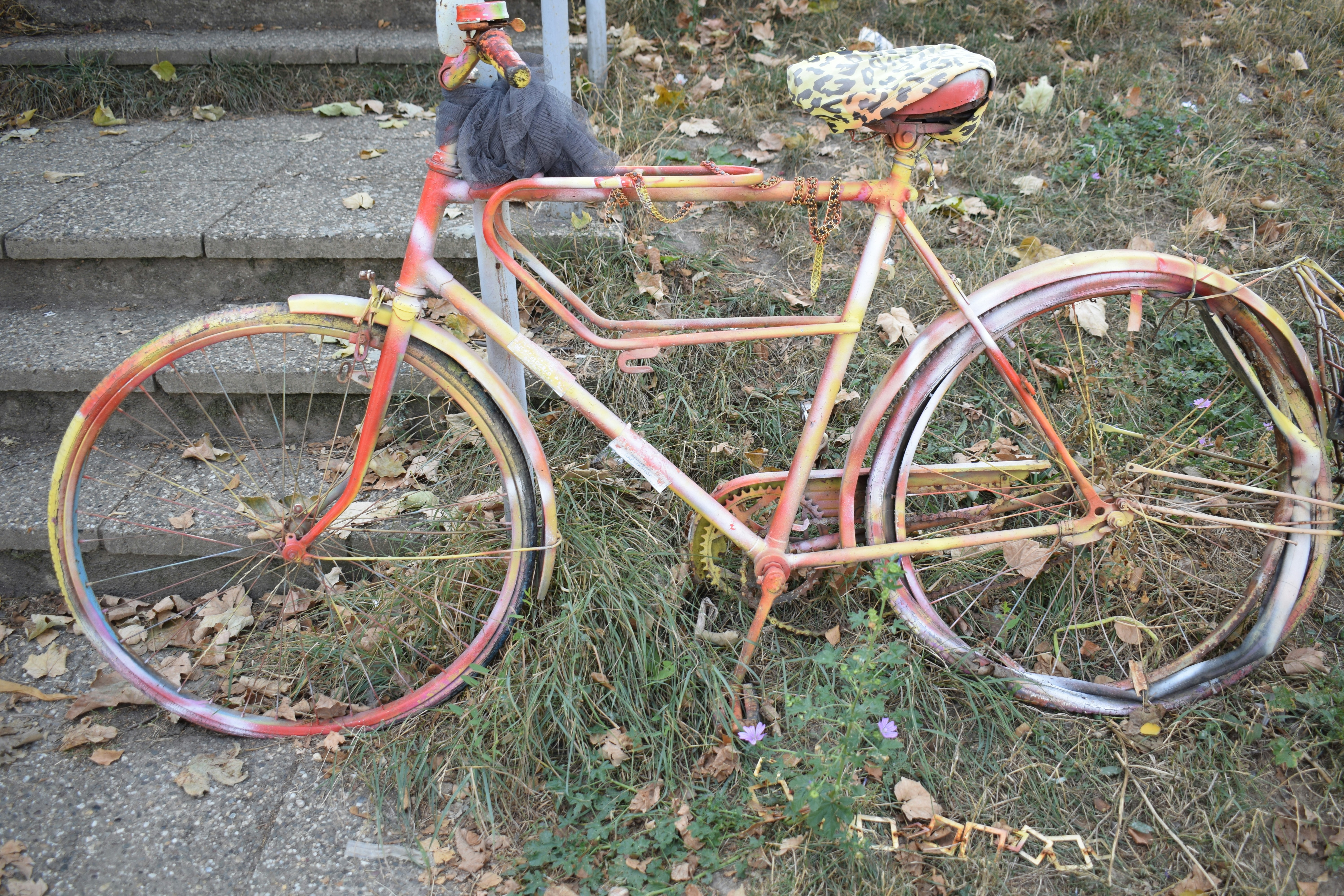 A colorful, weathered bicycle rests on grassy ground.