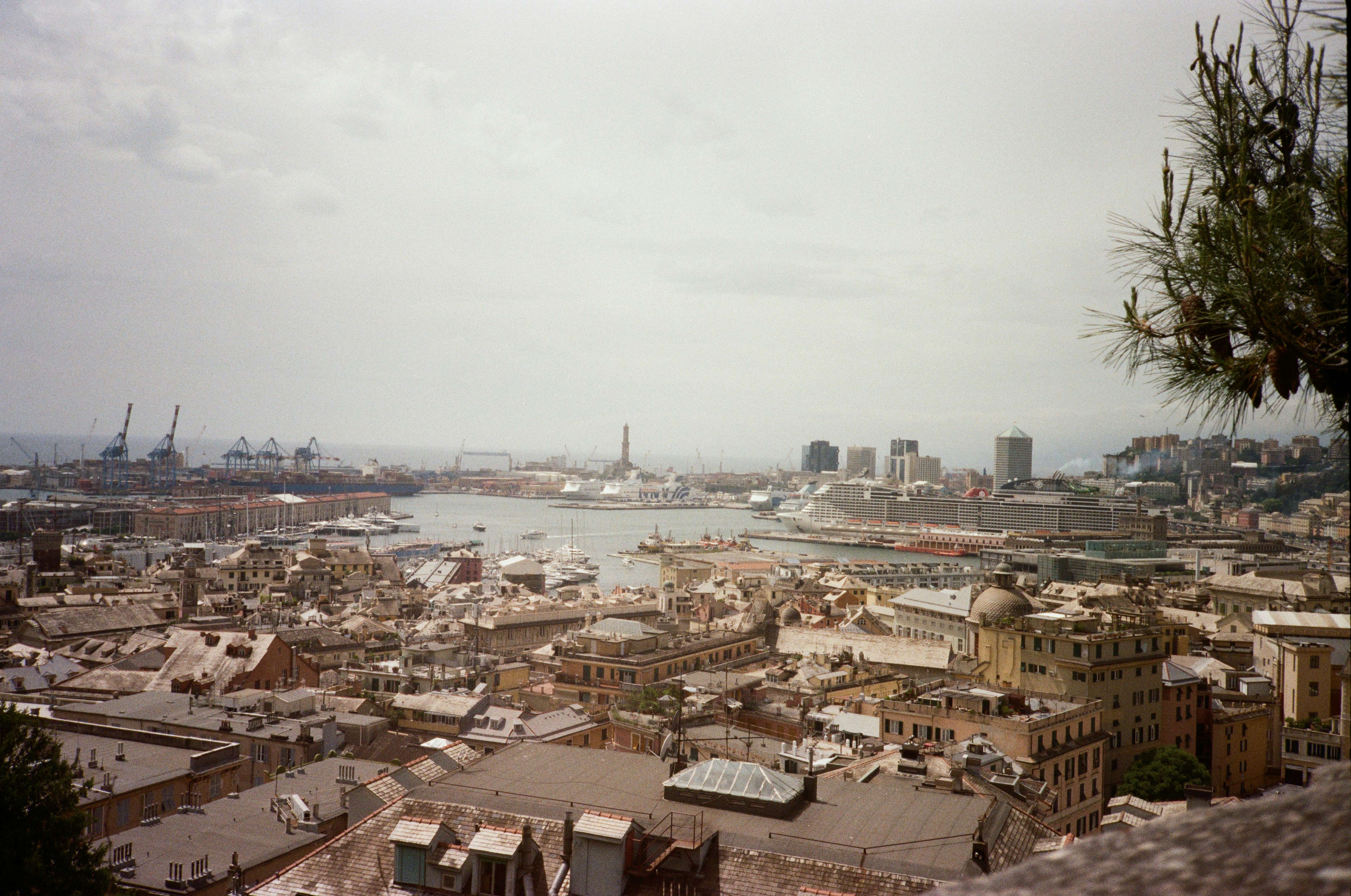 Aerial view of a busy port city with buildings and ships.