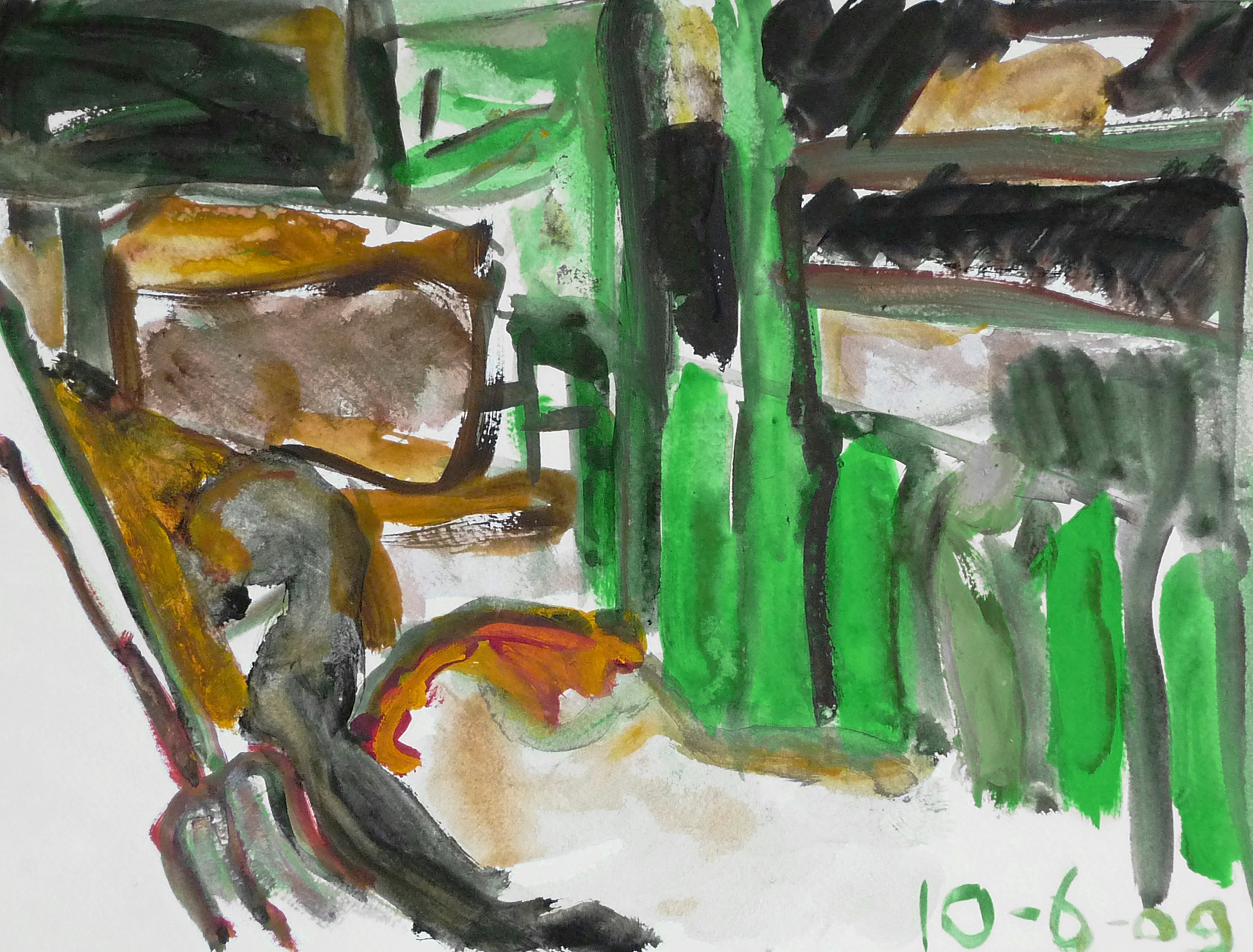 'In the old barn' - a small watercolor sketch on paper which I painted in Juin 2009 in The Netherlands during our stay in the countryside with my old painter friend Paul Werner. - Dutch artist Fons Heijnsbroek. Free art image in high resolution. | Abstract painting of a lobster with green background