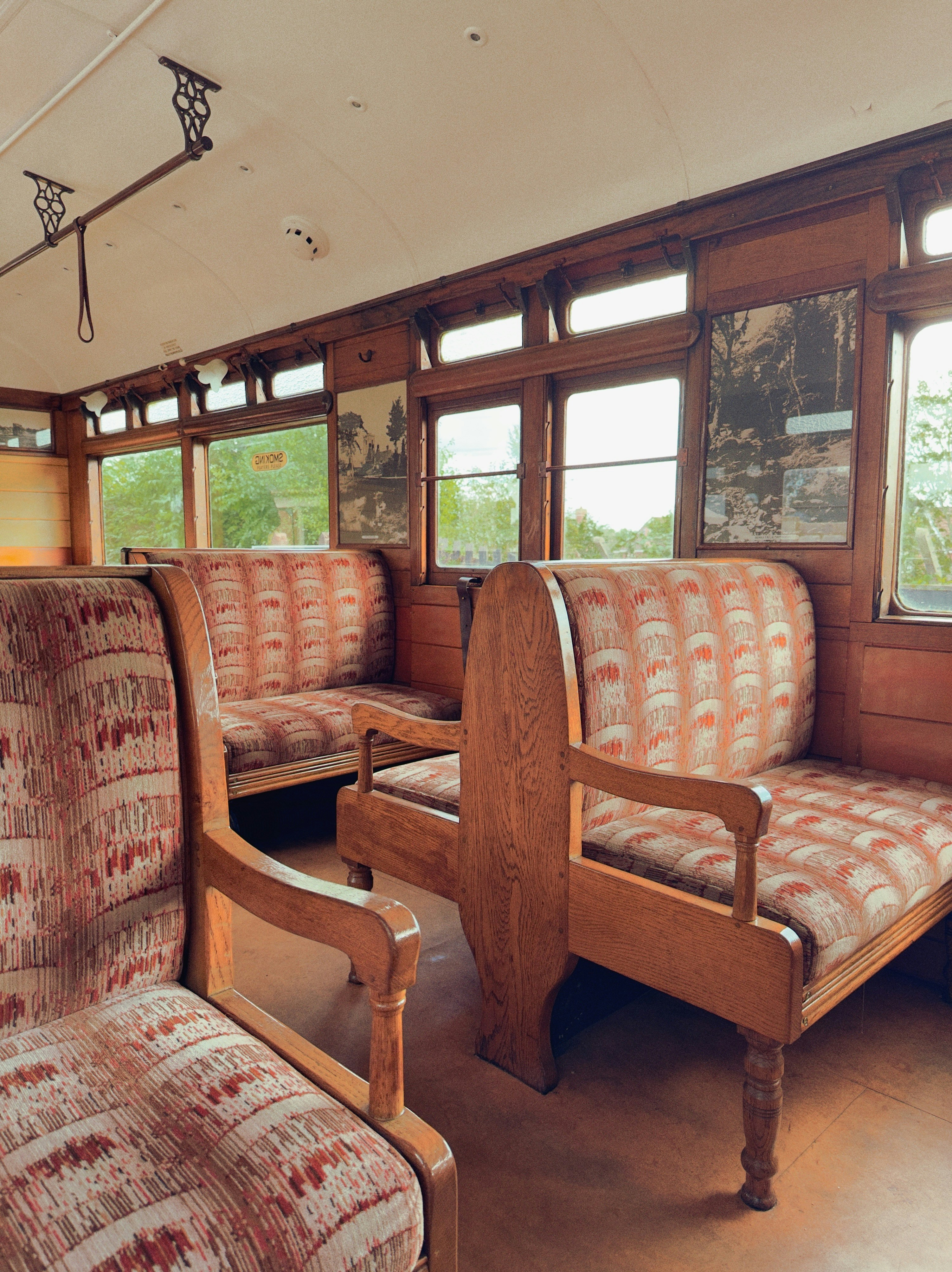 Old train car | Interior of vintage train car with patterned seats