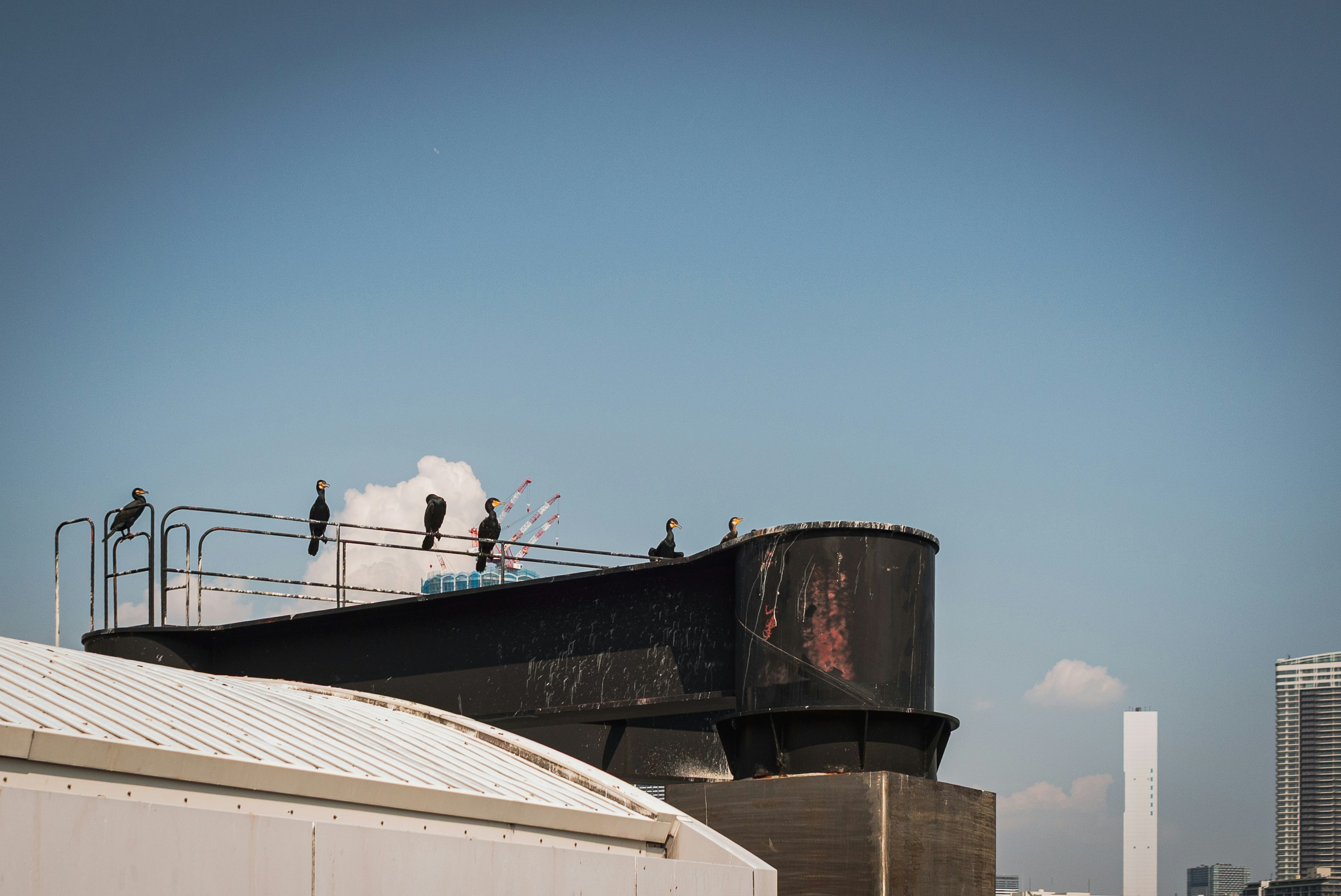 Silhouetted figures stand atop a large industrial structure against a clear blue sky, embodying a blend of urban life and architectural intrigue.
