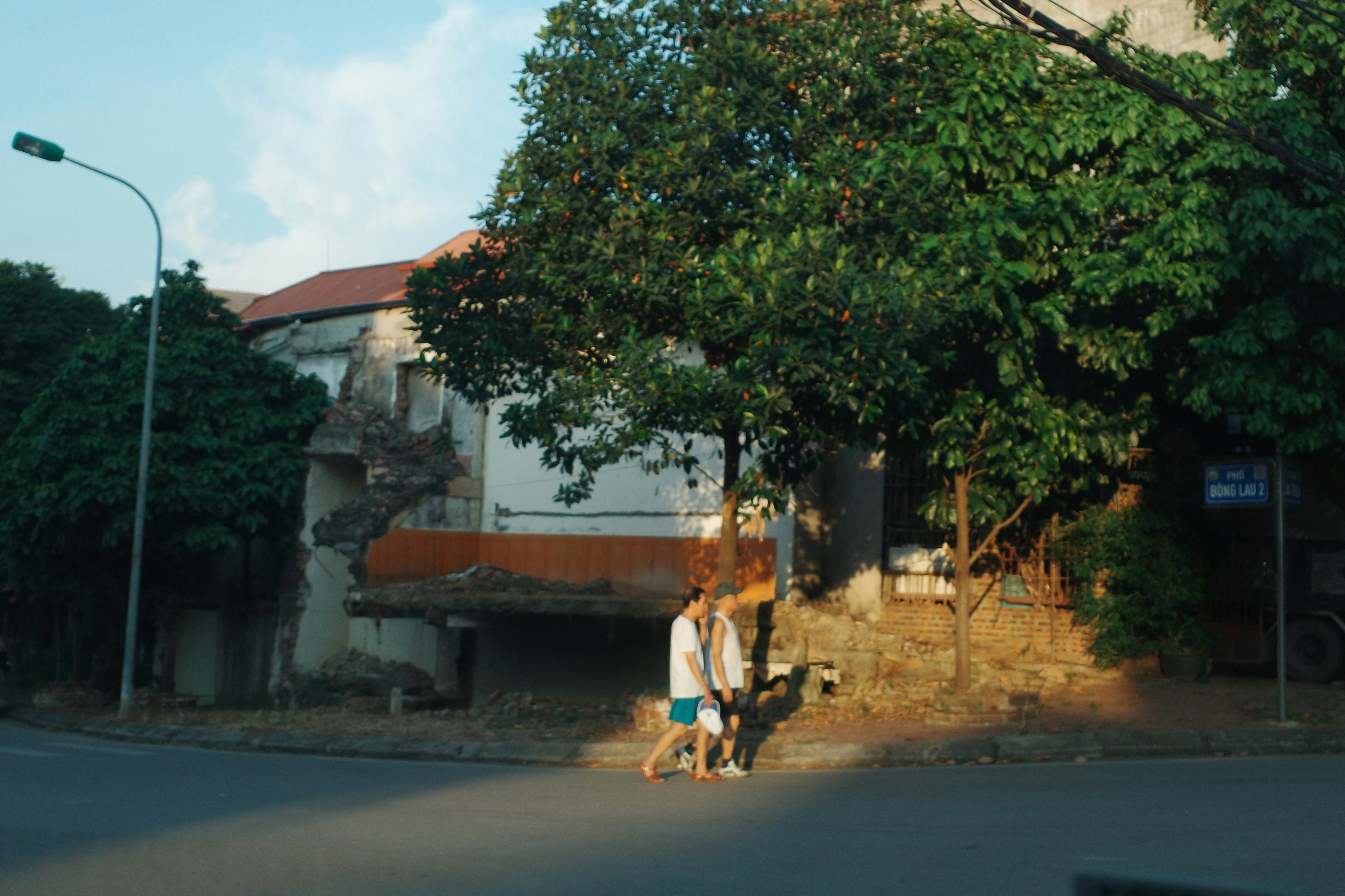 Two children walk with a dog on a sunny street.