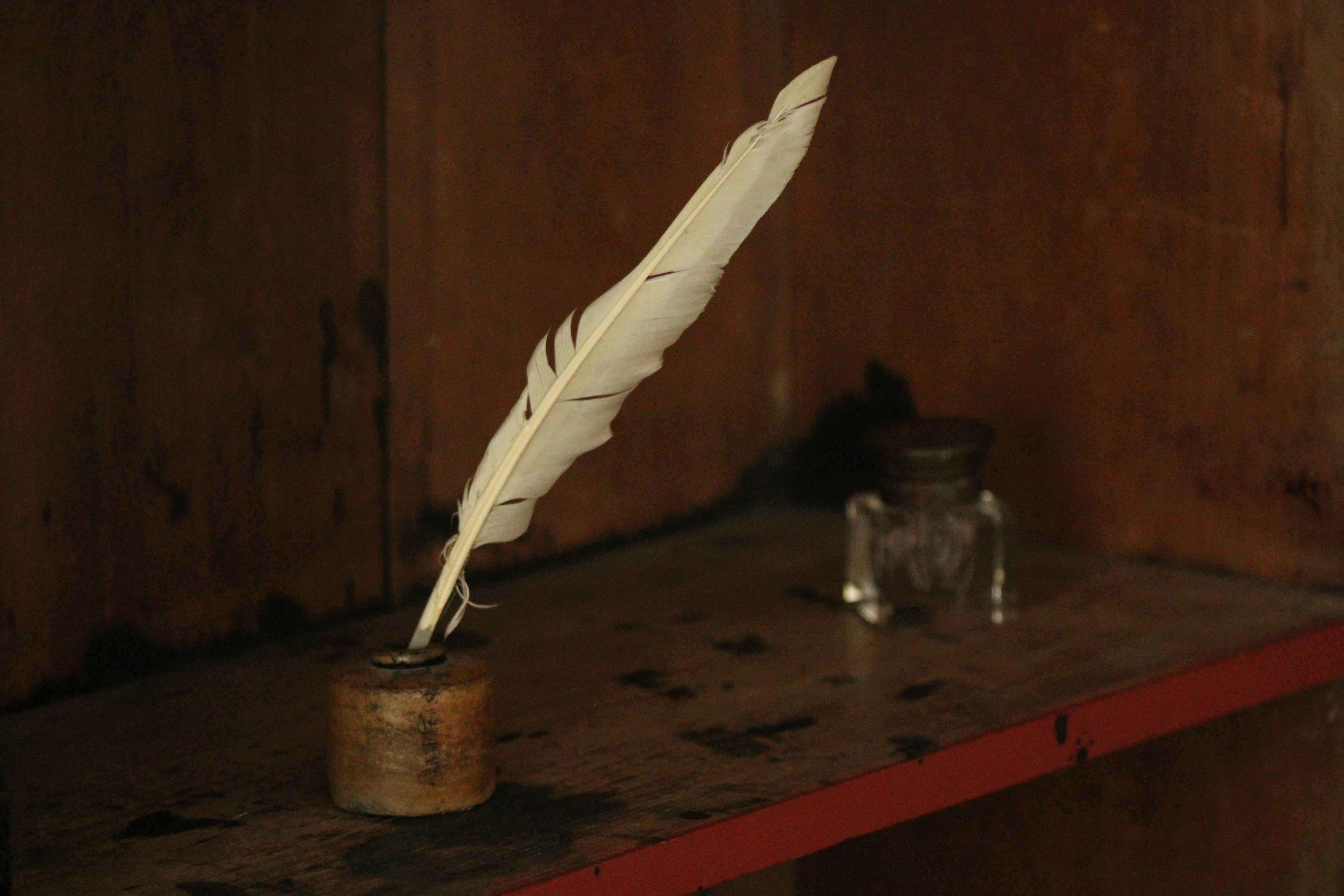 Feather on a Dusty Shelf: A Quiet Inkstand Still-Life
