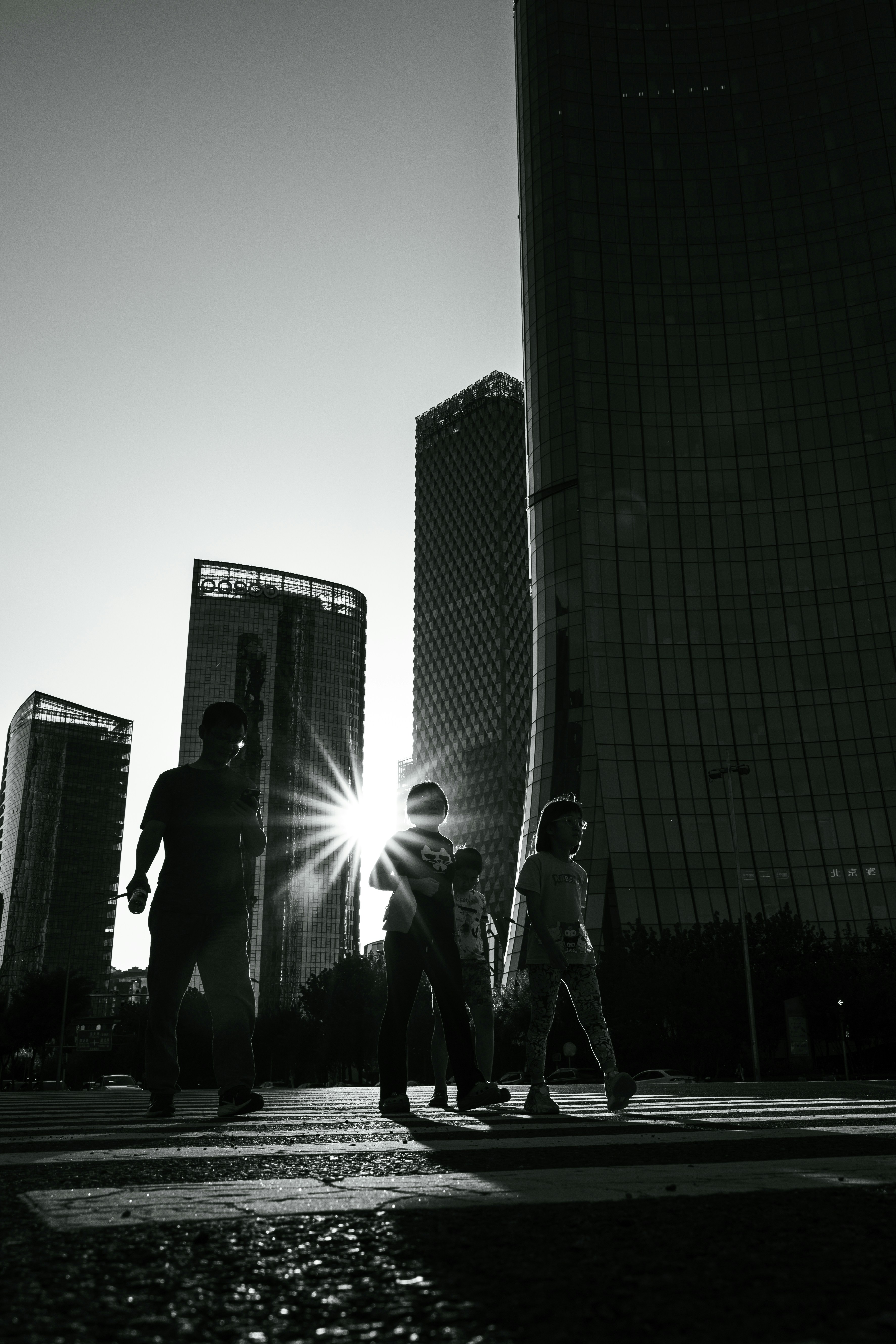A family crossing the street under the sunset | Silhouetted people crossing street with sunburst behind skyscrapers