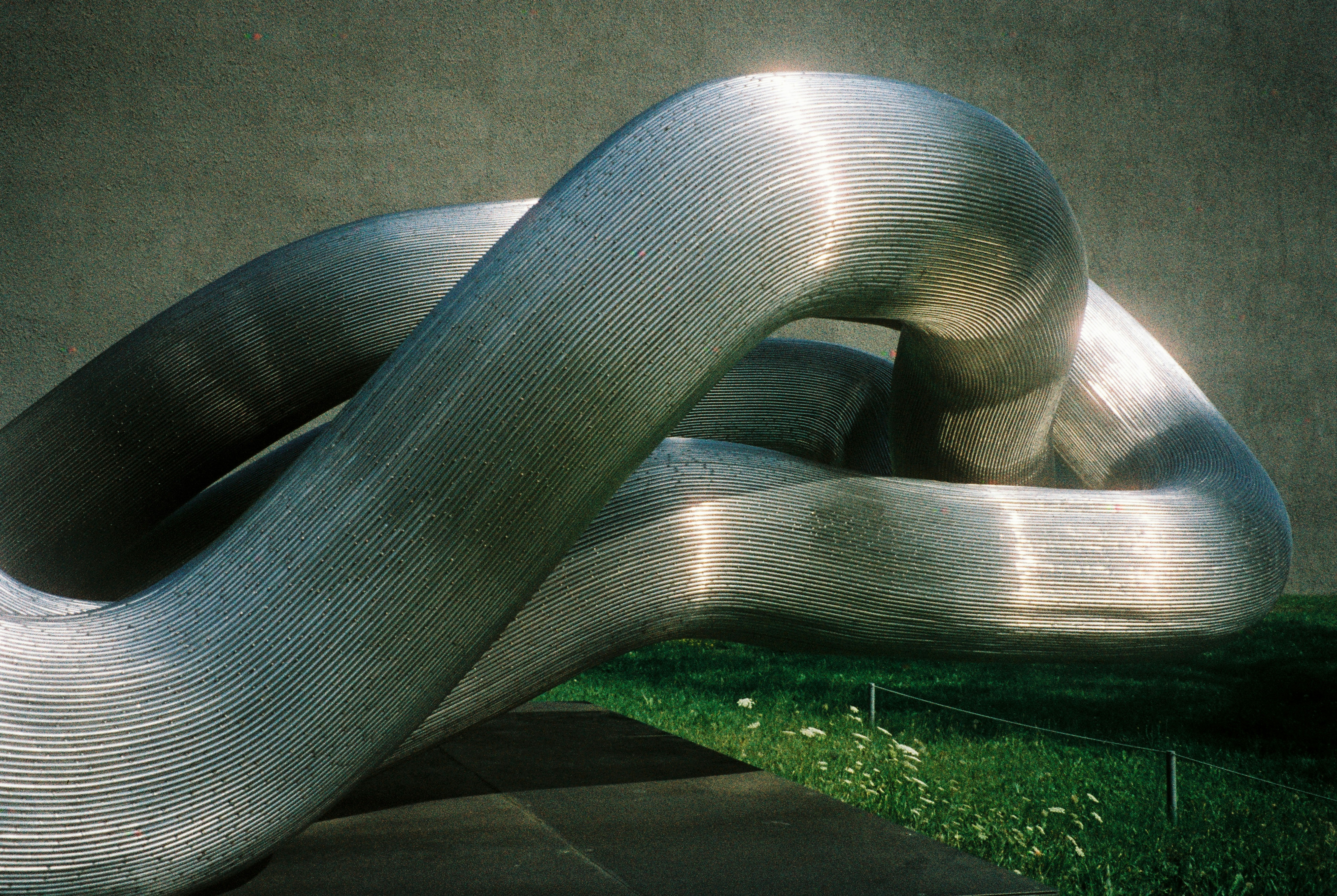 Shot on OptiColour 200 | Large metallic sculpture resembling intertwined tubes