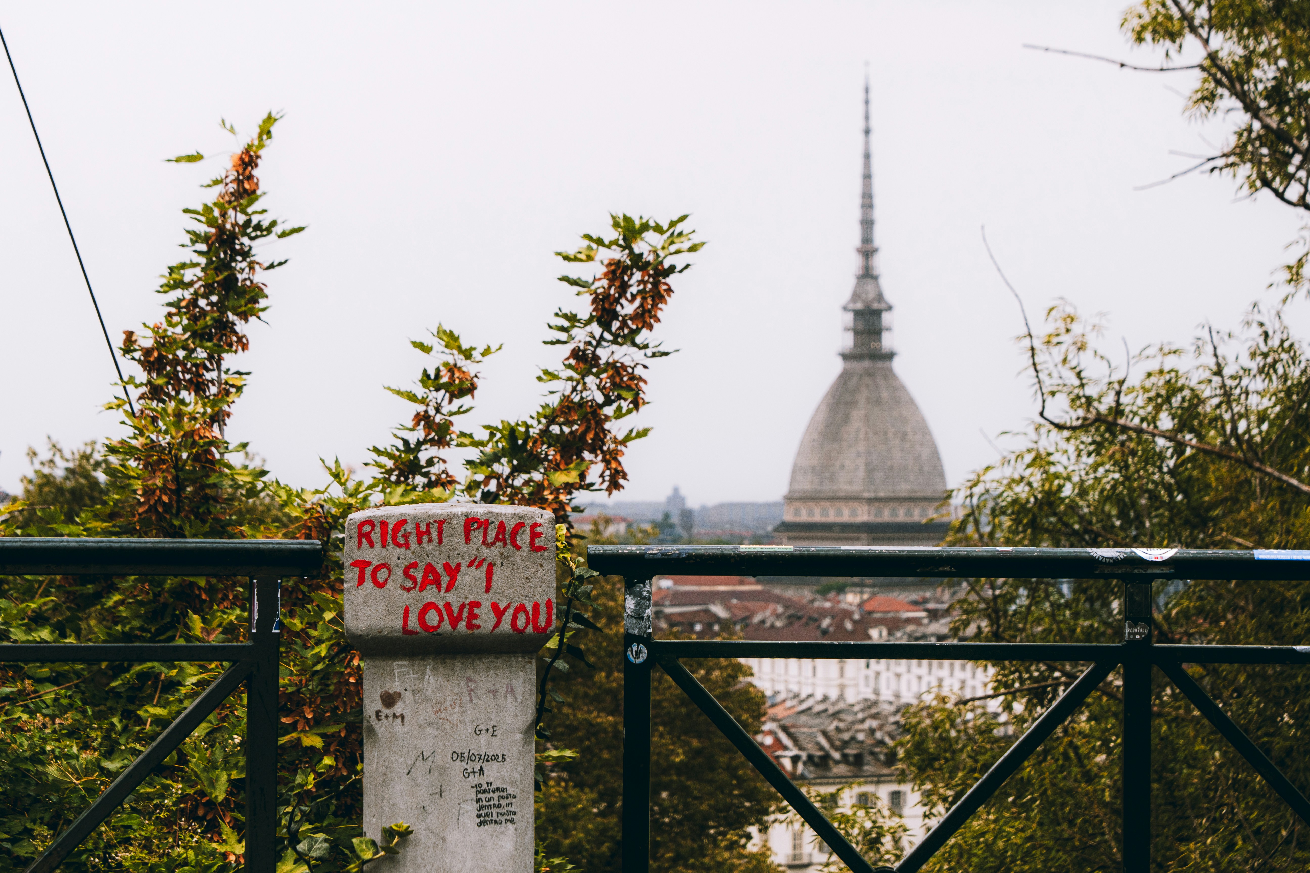 Stone pillar with 'i love you' message and mole antonelliana.