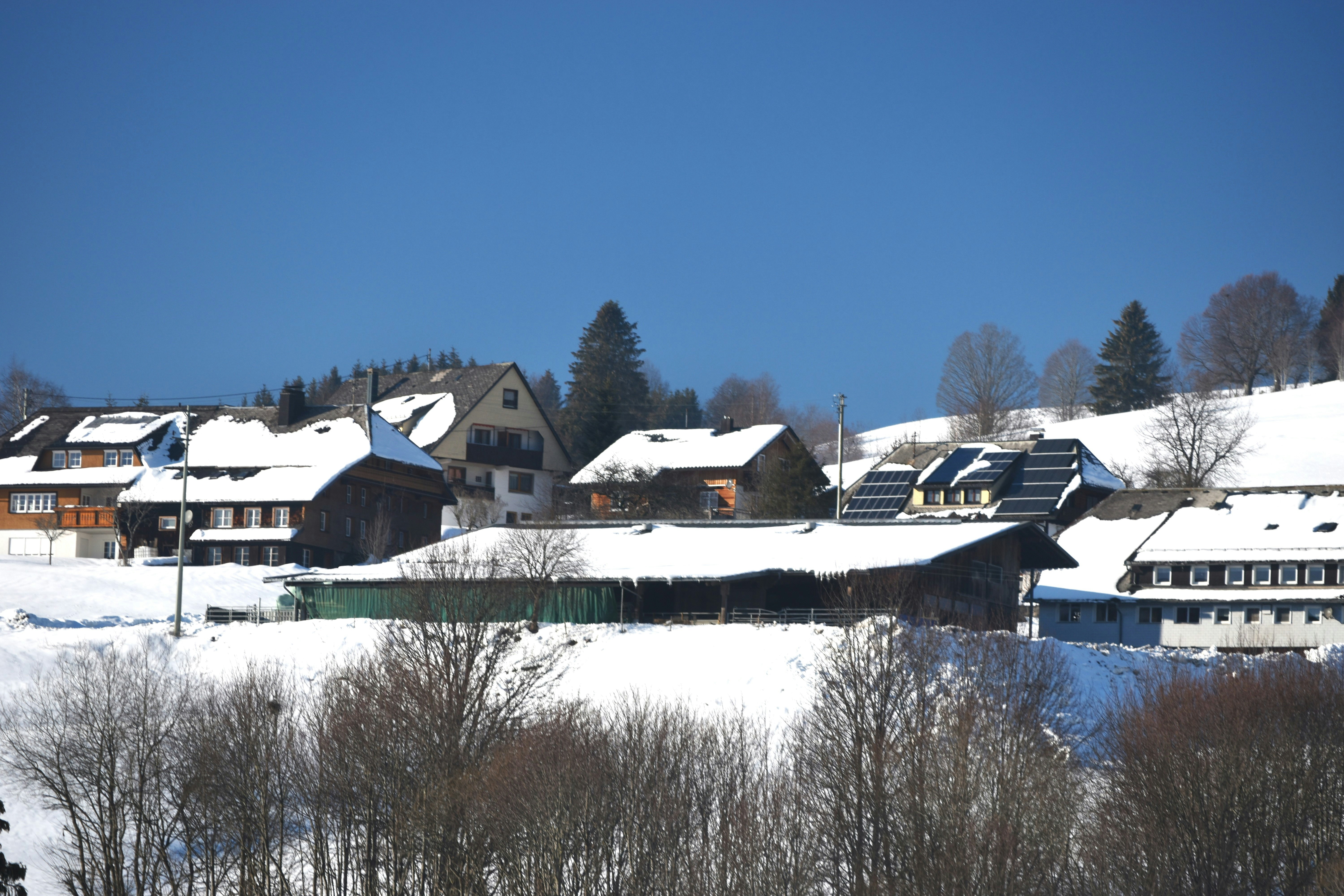 Winter Day | Snow-covered village with traditional wooden houses.
