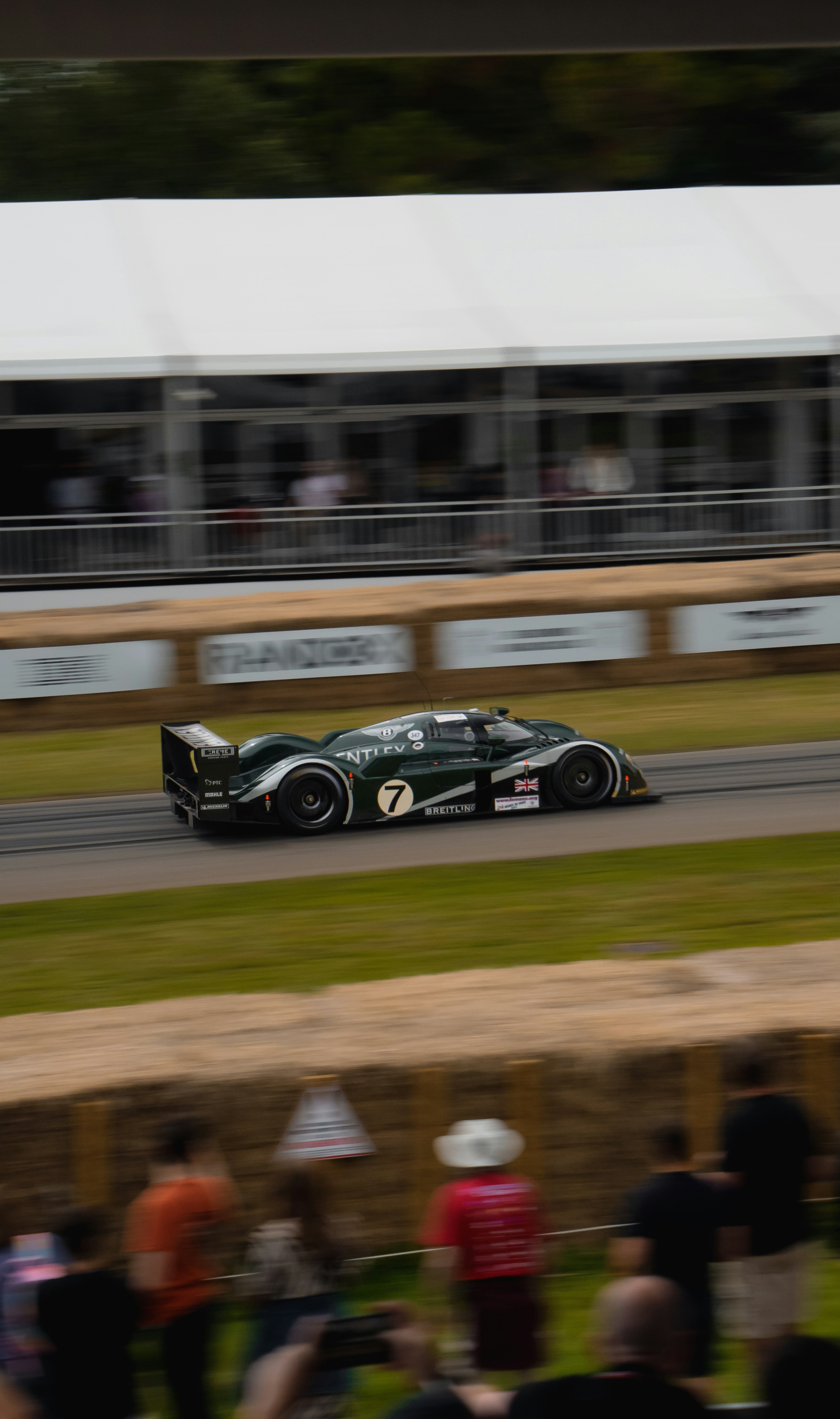 A sleek racing car speeds past spectators at a motorsport event, showcasing its aerodynamic design and vibrant colors. The dynamic motion captures the excitement of the race.