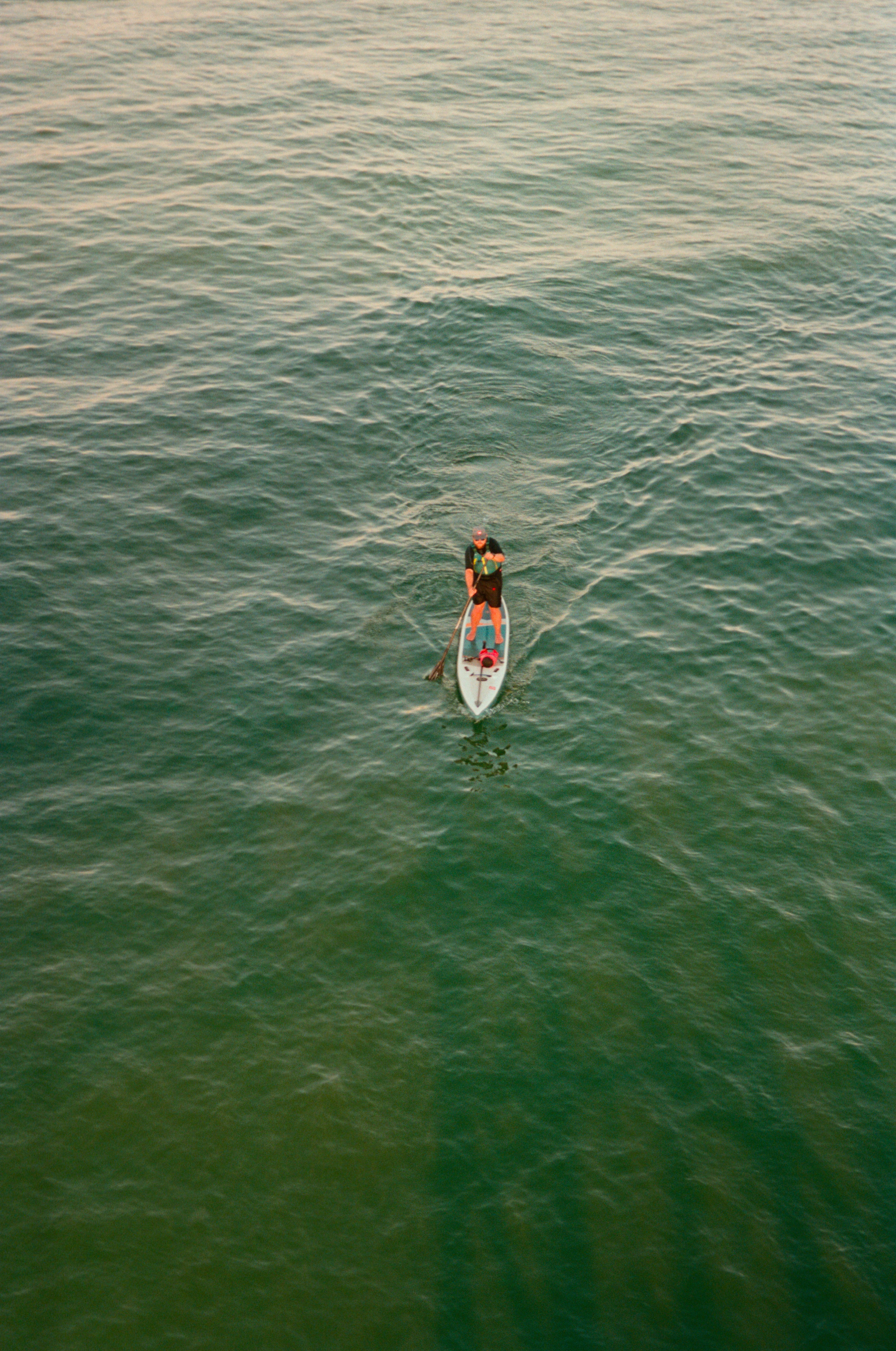 A paddleboarder glides across calm waters, surrounded by gentle ripples reflecting the soft light. The scene captures a moment of tranquility and connection with nature.