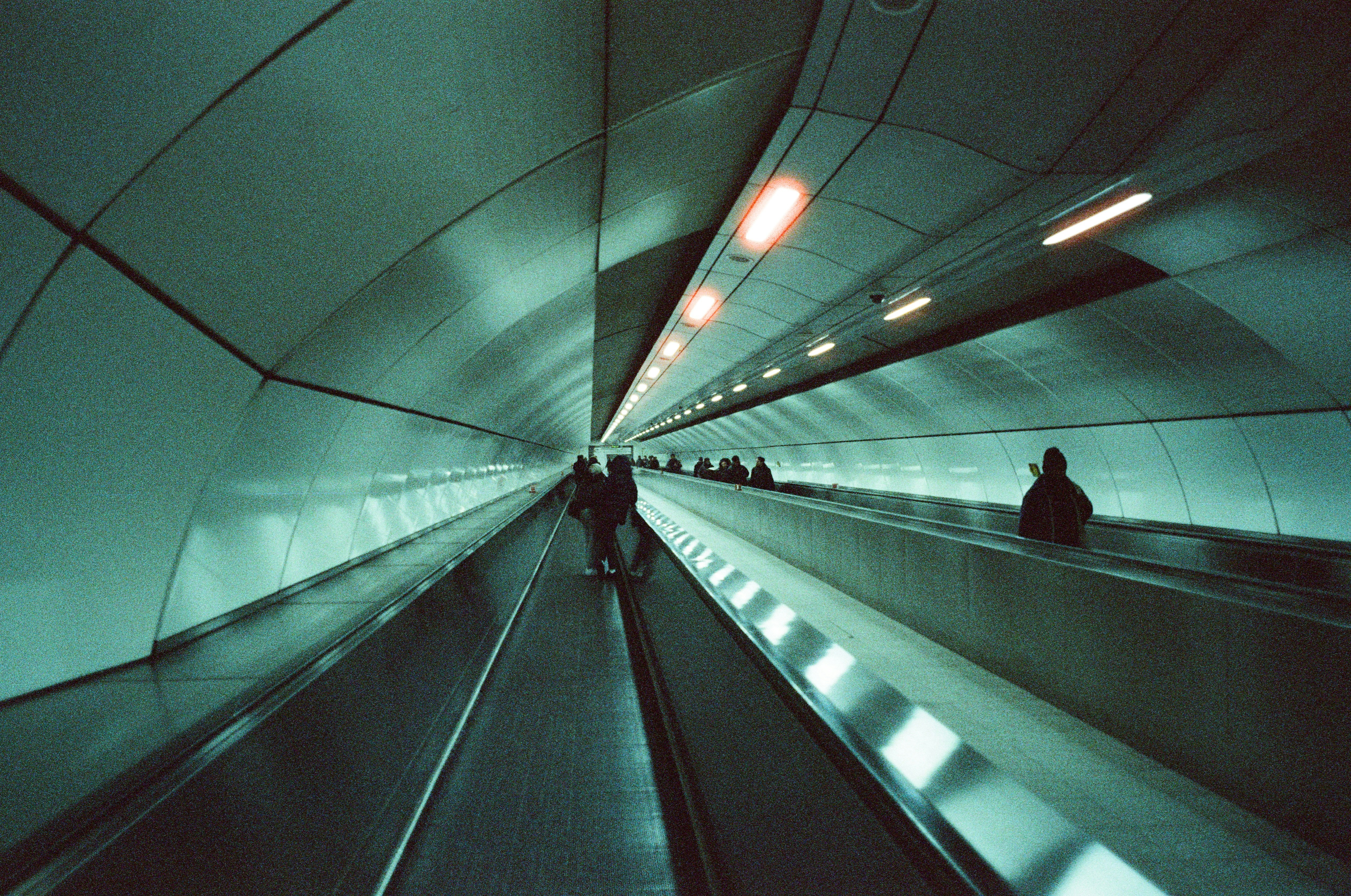 London underground tunnel, a winter evening with a futuristic, surreal ambiance.