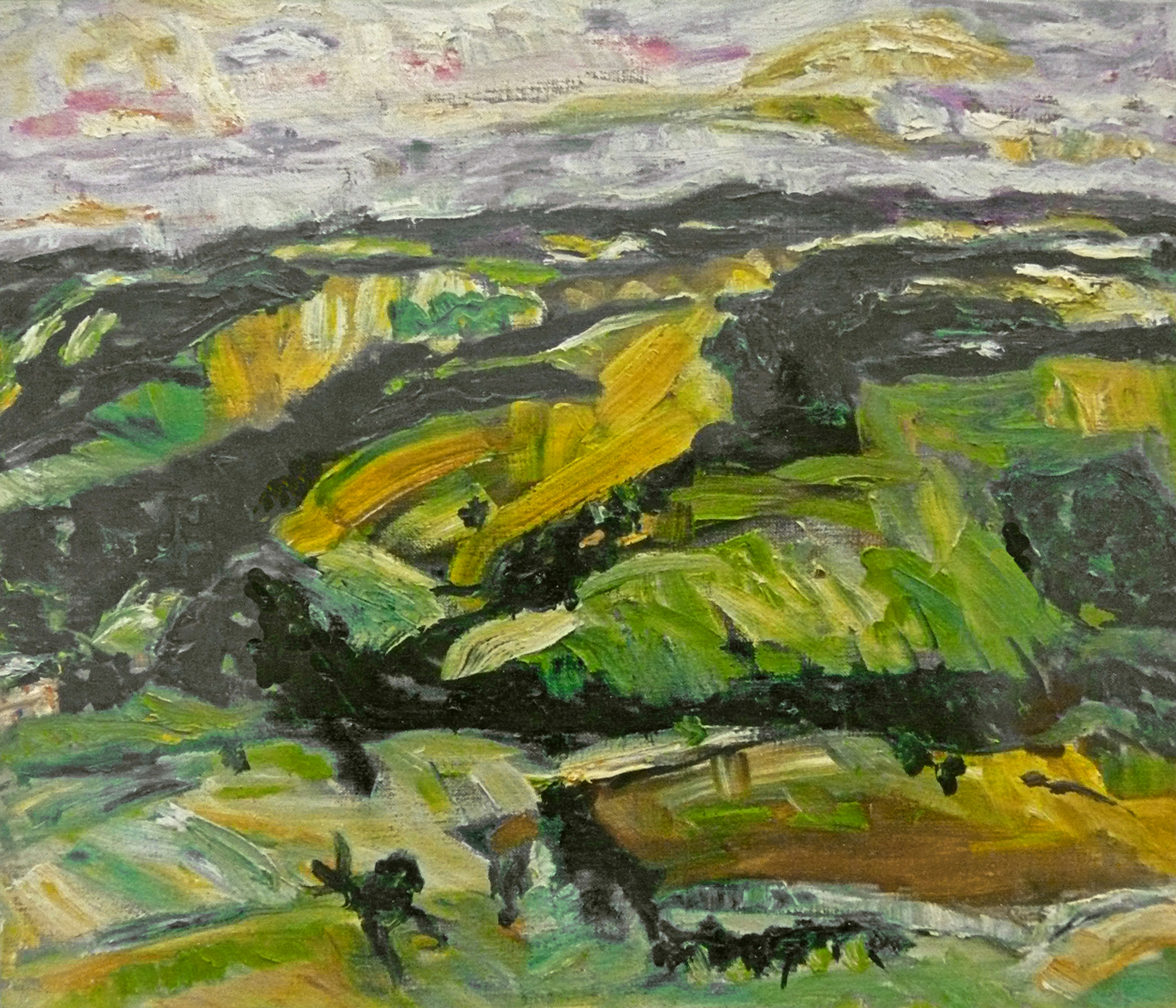 Abstract landscape painting showcasing a blend of green and yellow fields under a cloudy sky.