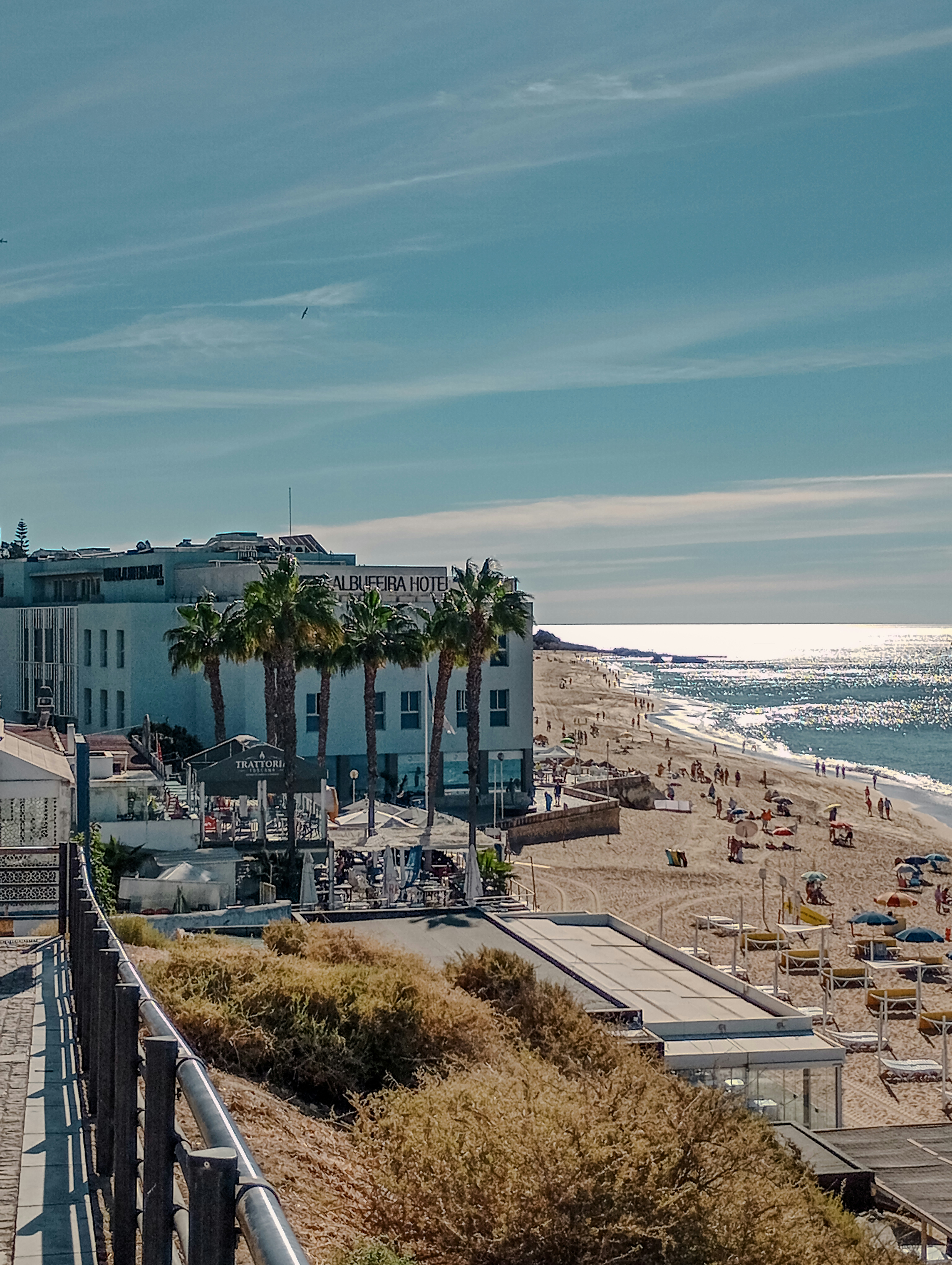 Beach resort with palm trees and ocean view.