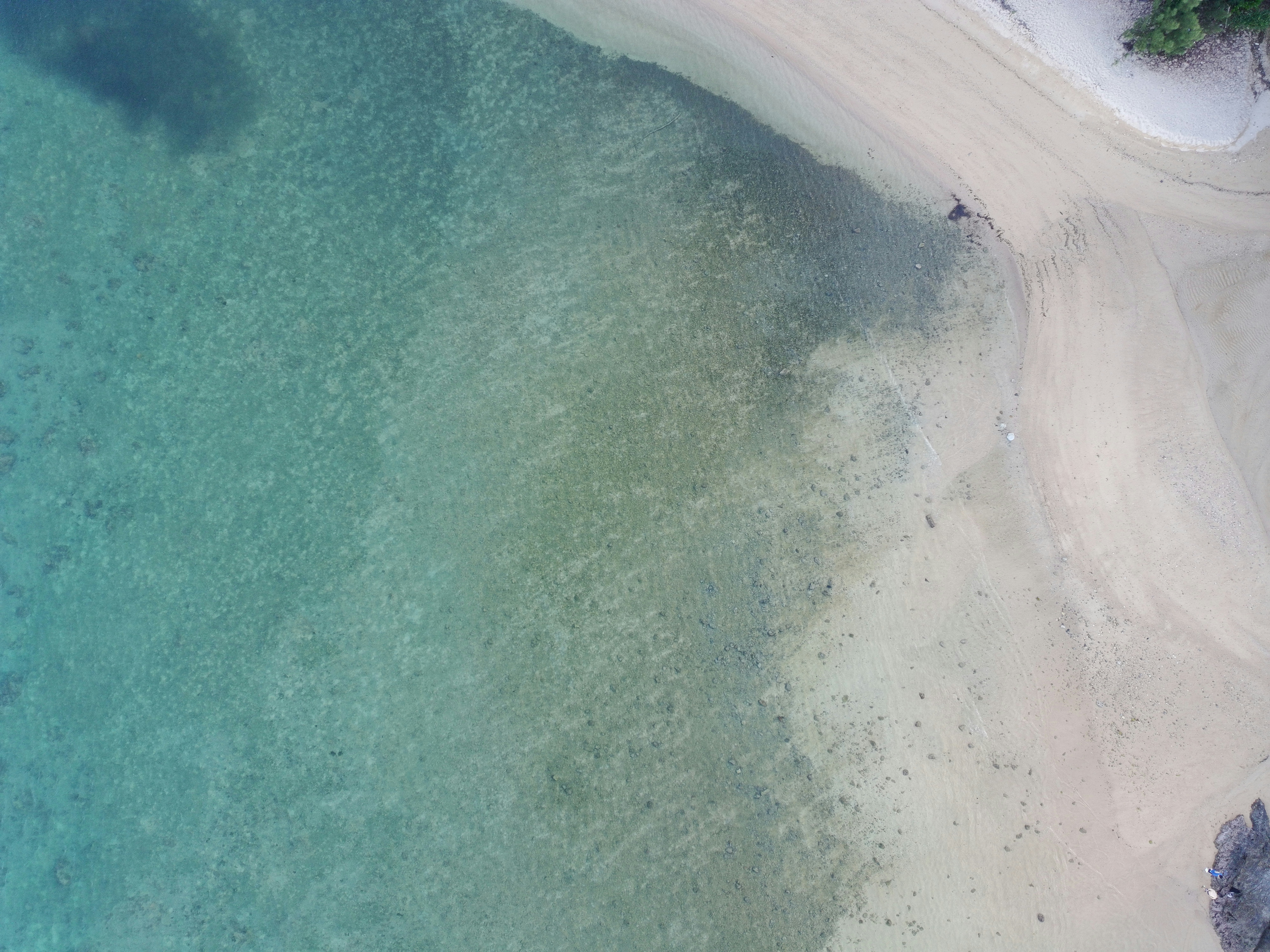 Aerial view showcasing a tranquil beach meeting clear turquoise waters, highlighting the gentle curve of the shoreline.