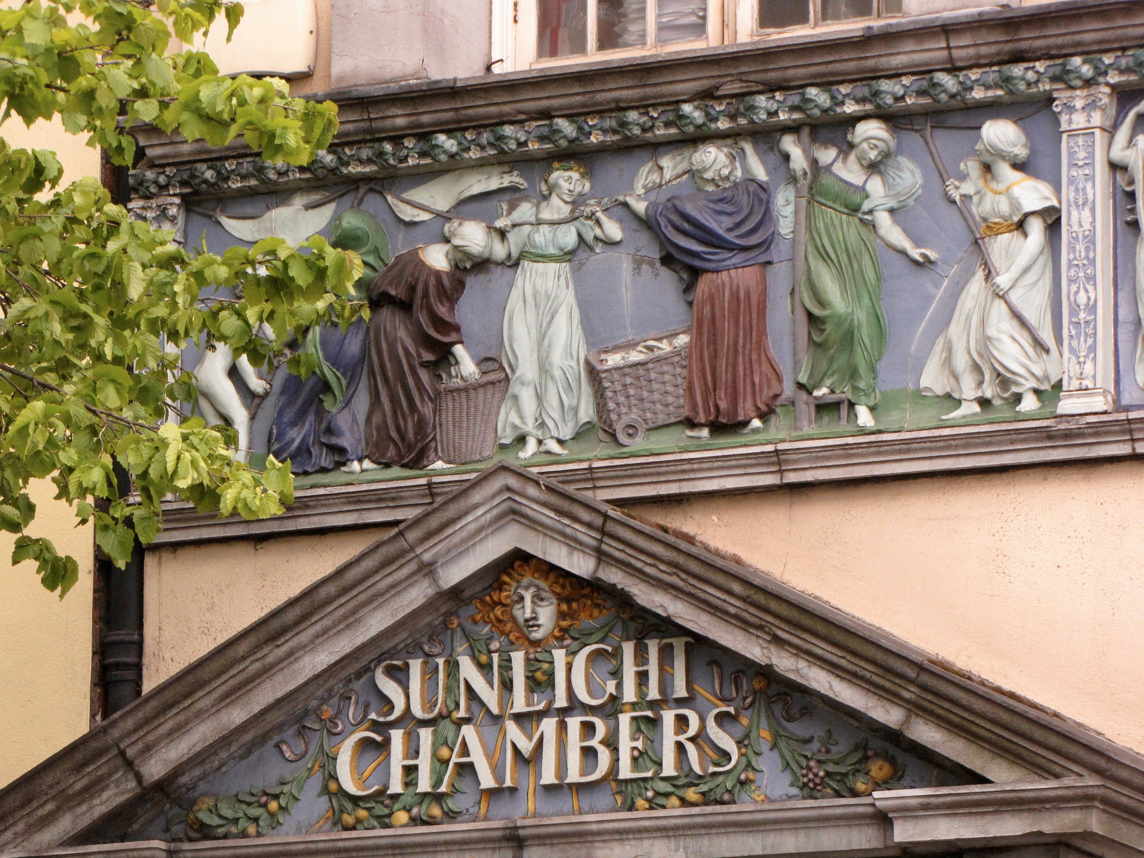 Relief sculpture above sunlight chambers building entrance