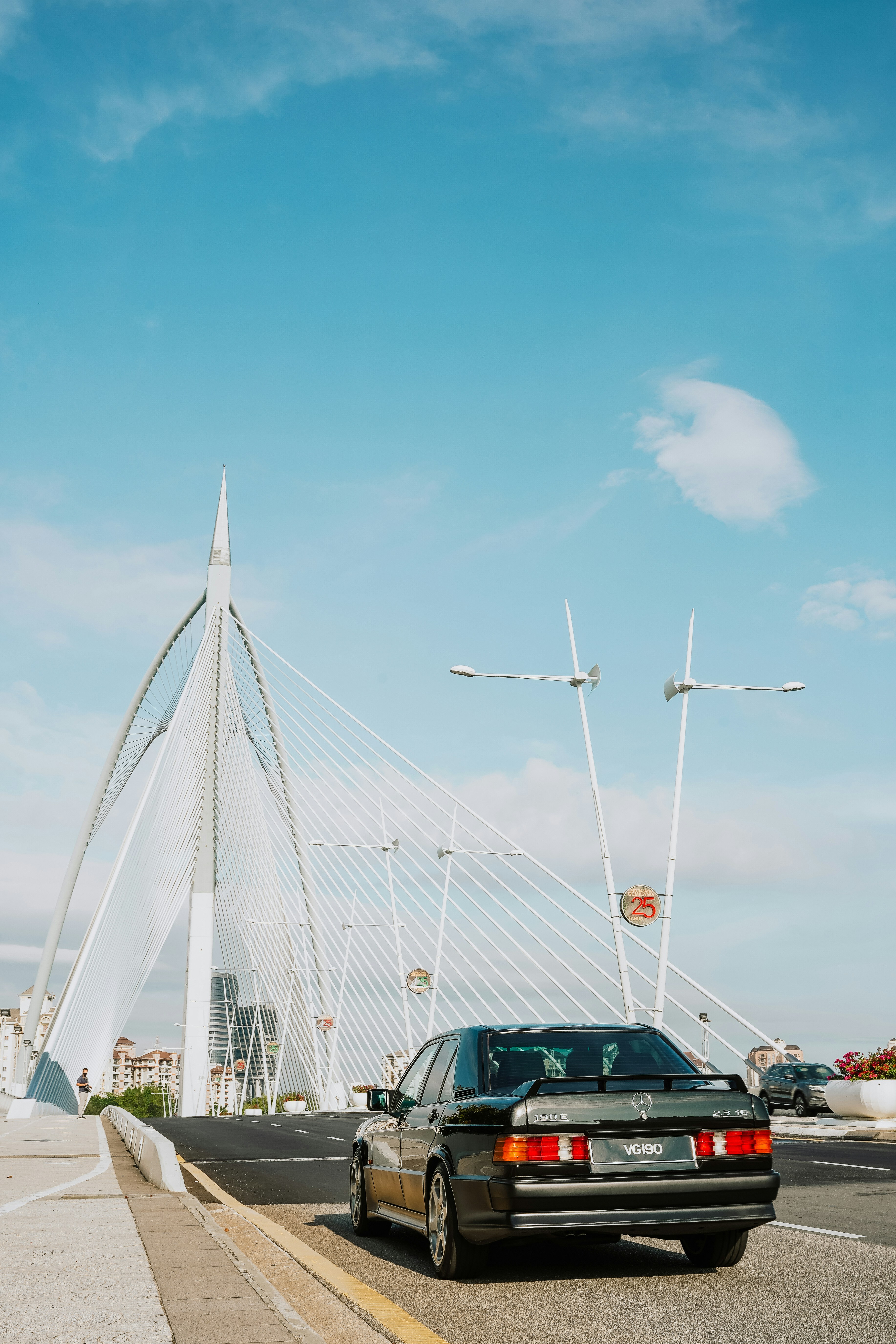 A sleek black car drives along a modern bridge adorned with striking cable patterns against a clear blue sky.