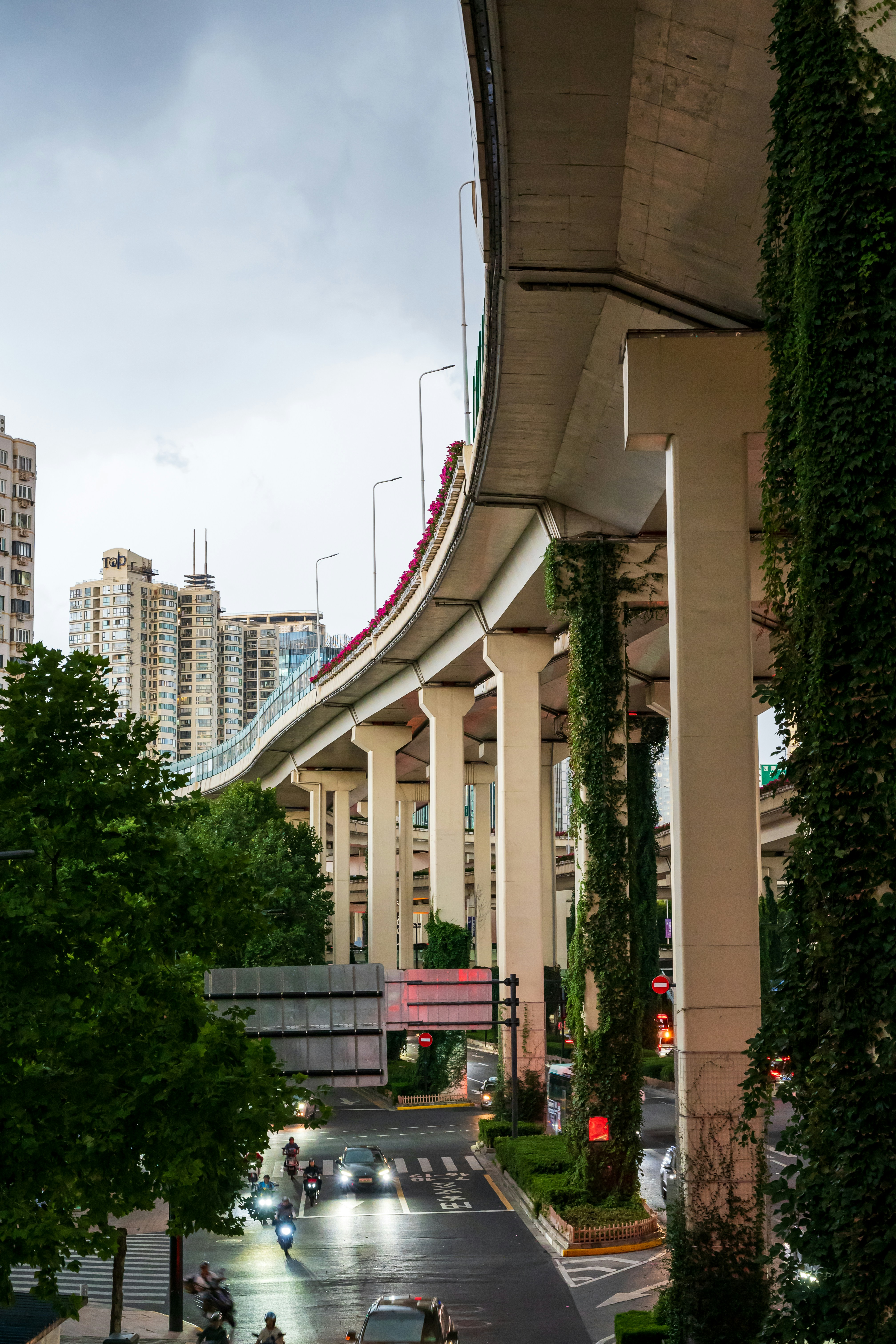 Elevated highway with lush greenery and city buildings.