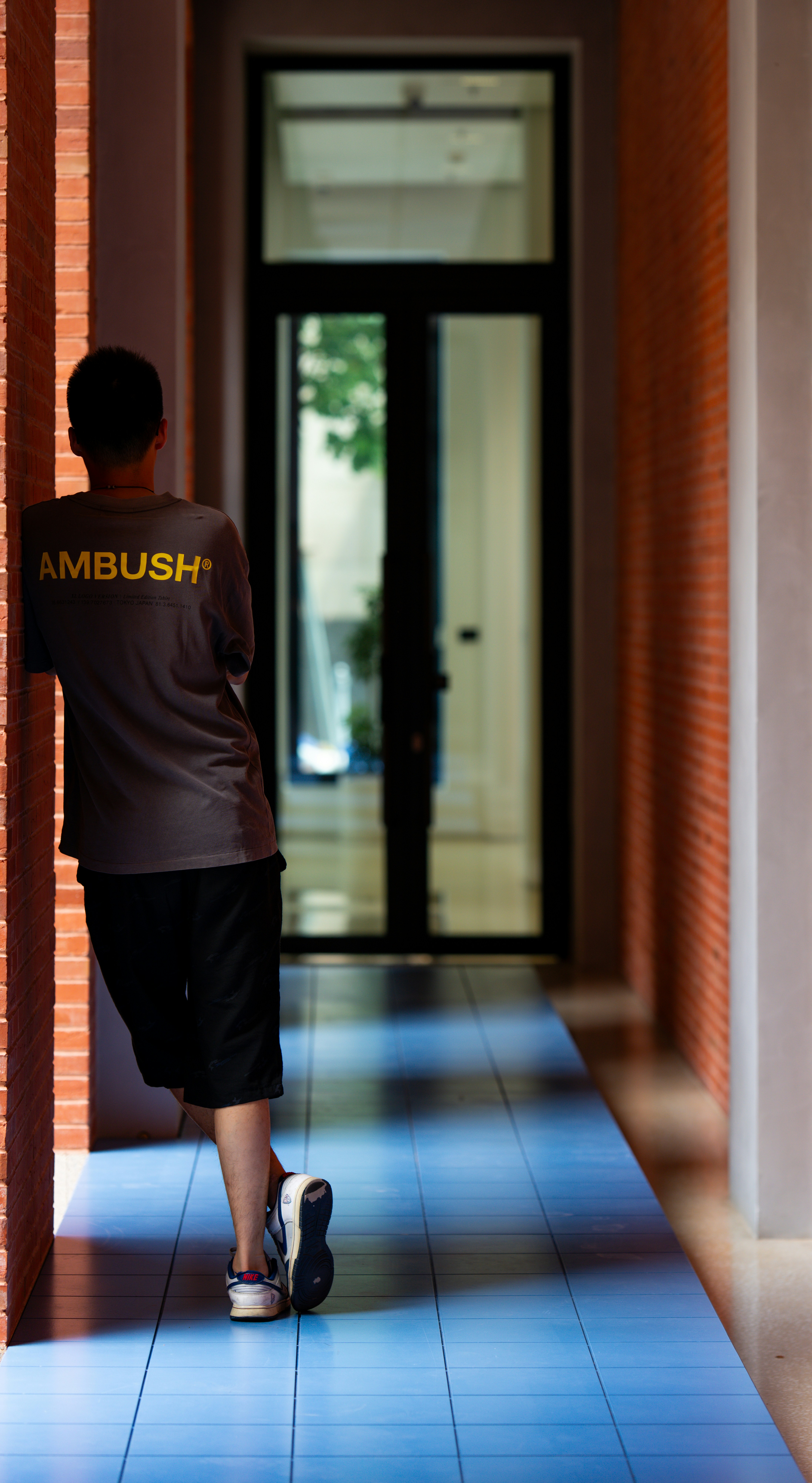 Ambush at the Hallway Threshold: A Quiet Portrait in Brick and Glass