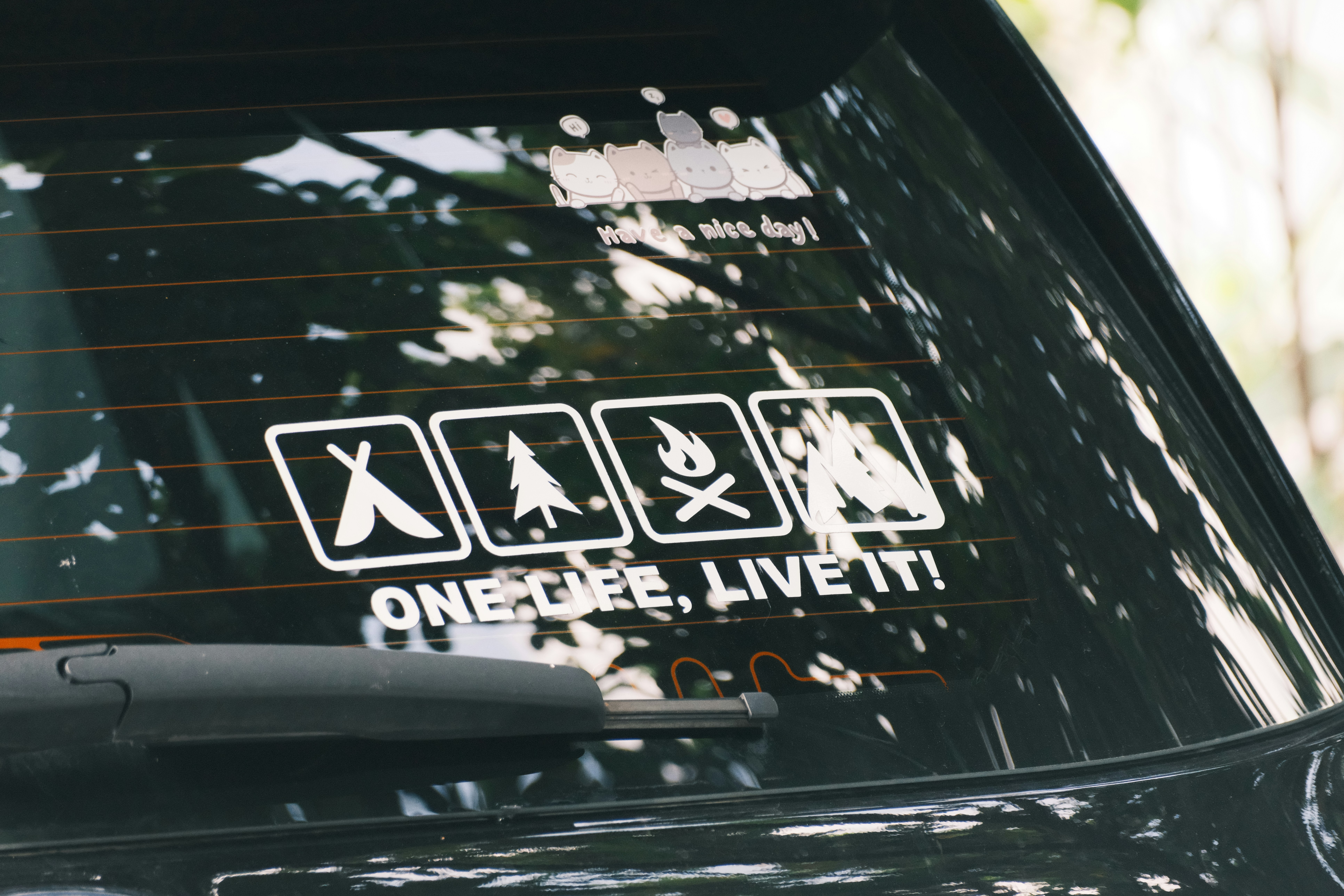 One Life, Live It: A Stickered Motto on a Hatchback Window