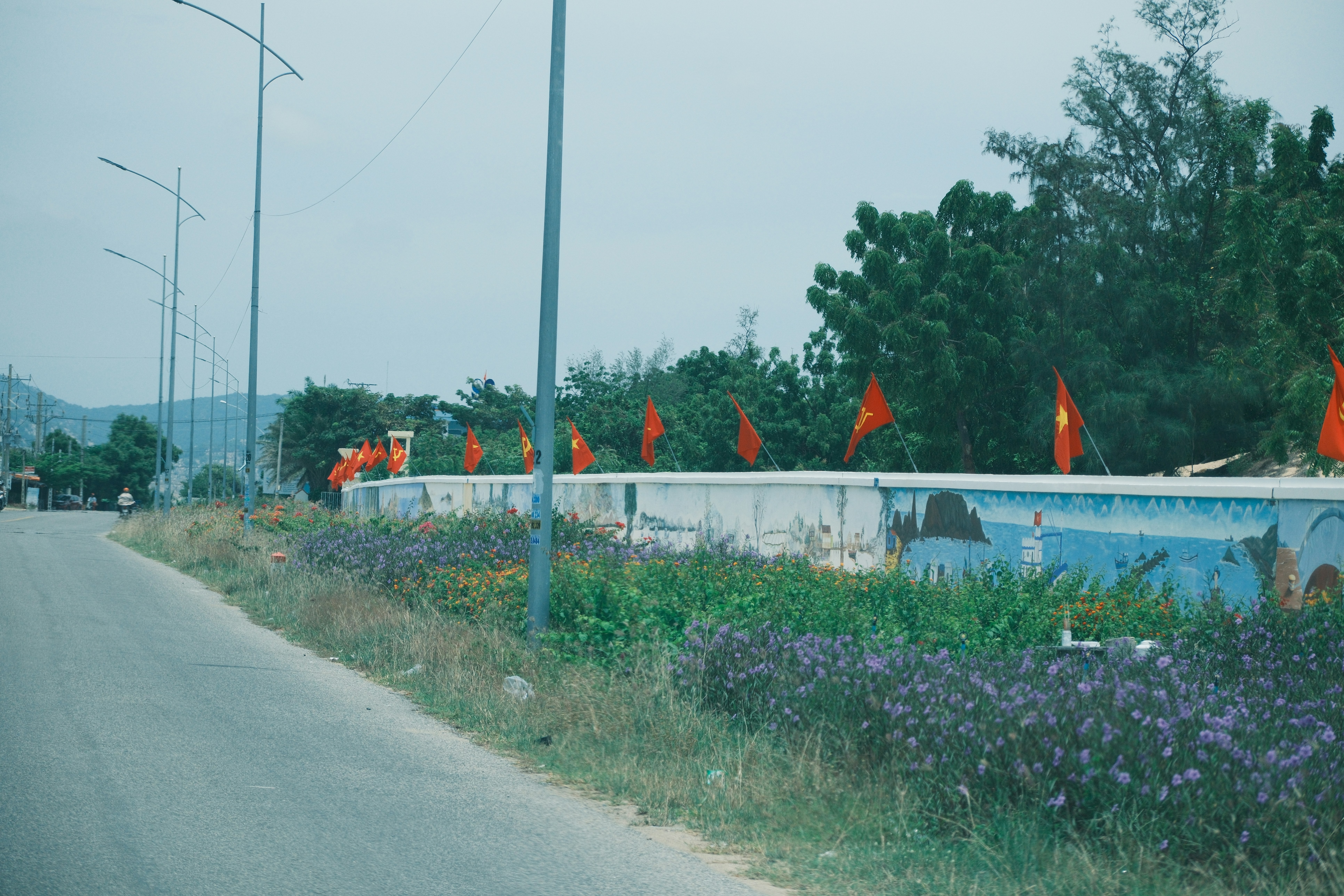 Red flags line a wall next to a road.