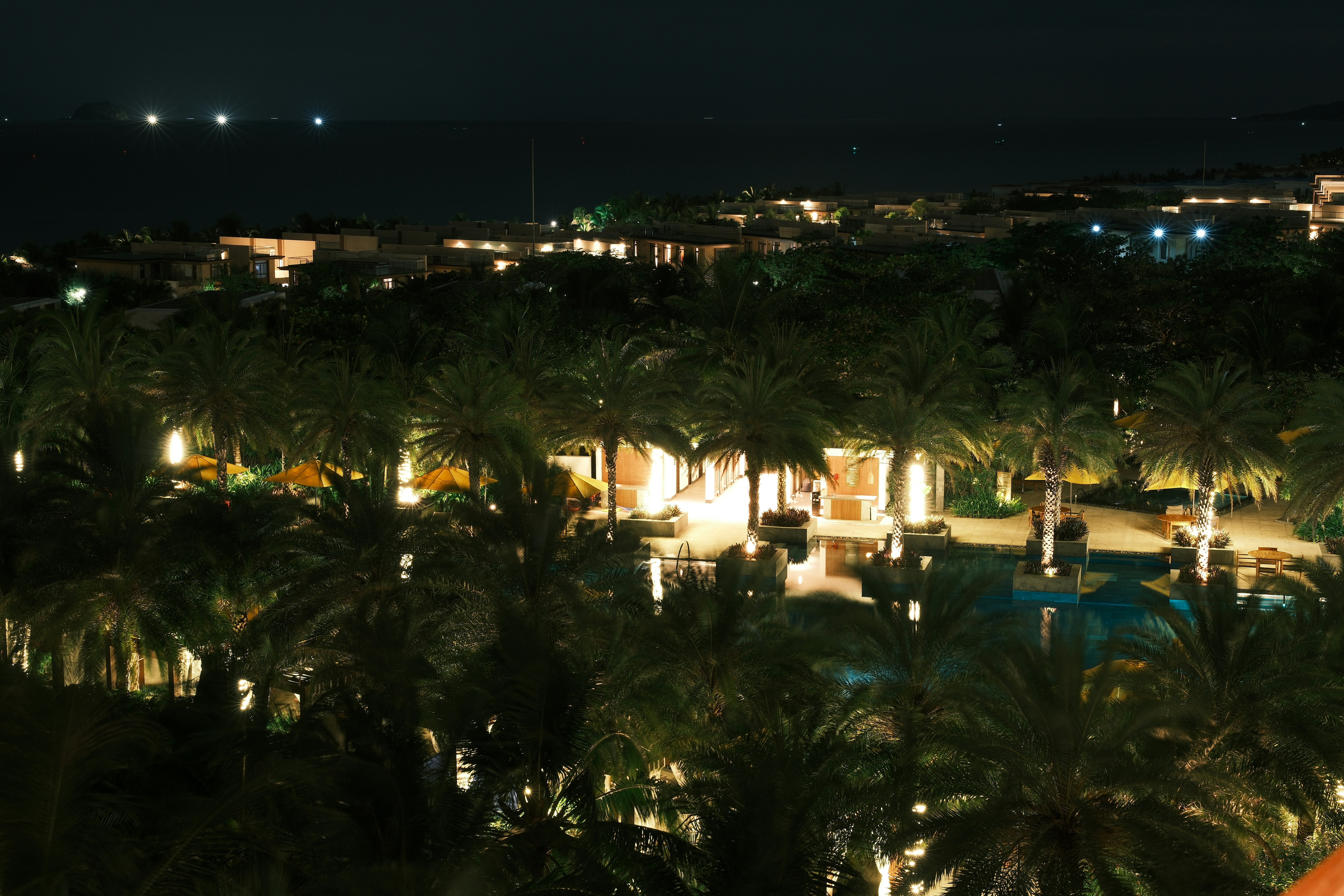 Palm trees and illuminated resort buildings at night