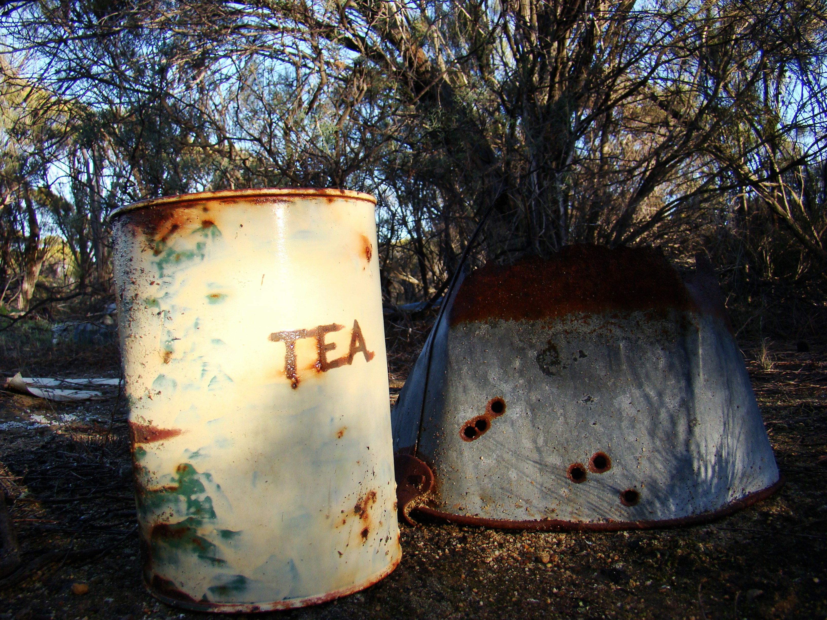 Rusty metal containers in a dry, wooded area.