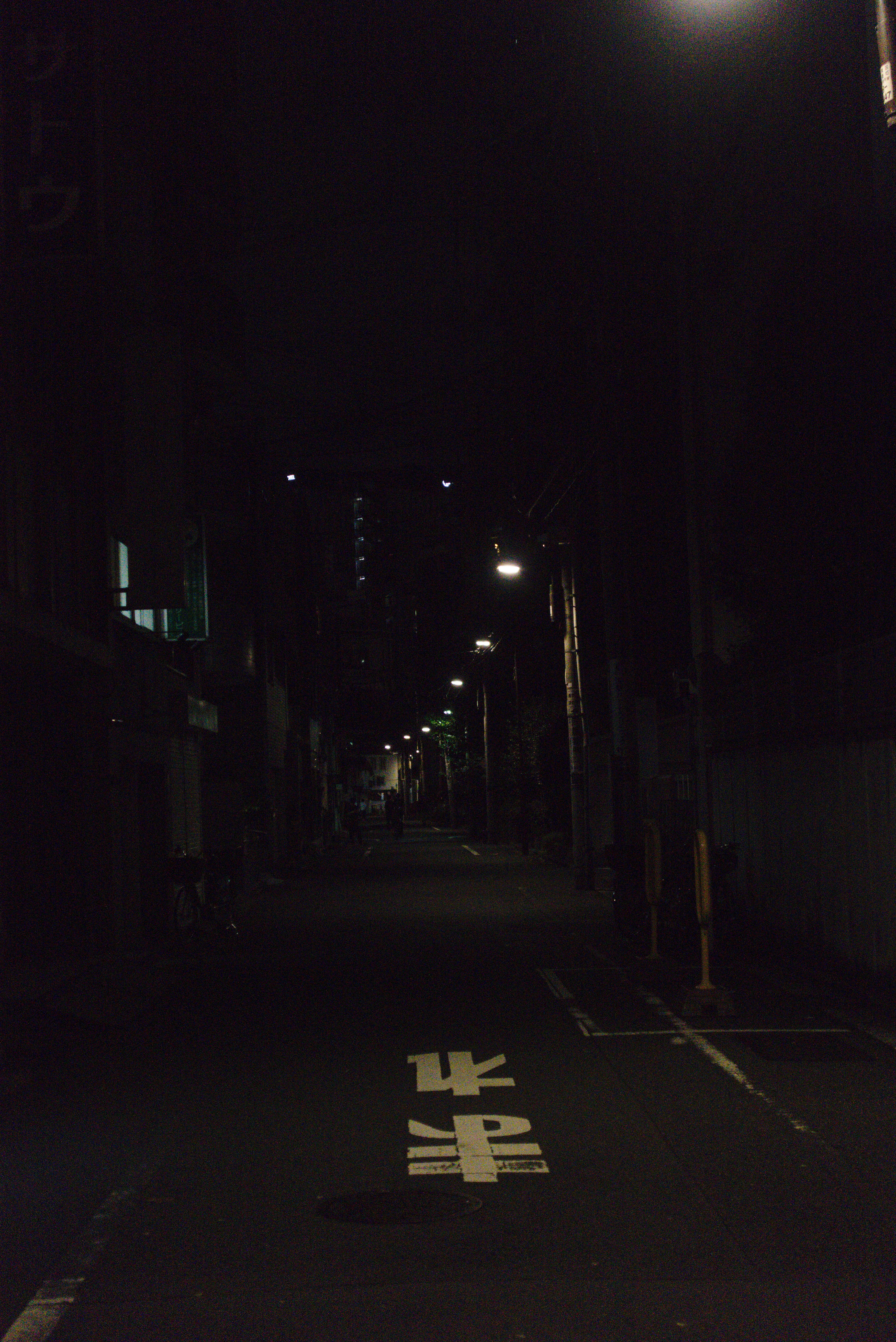Dark alleyway with streetlights and japanese writing.