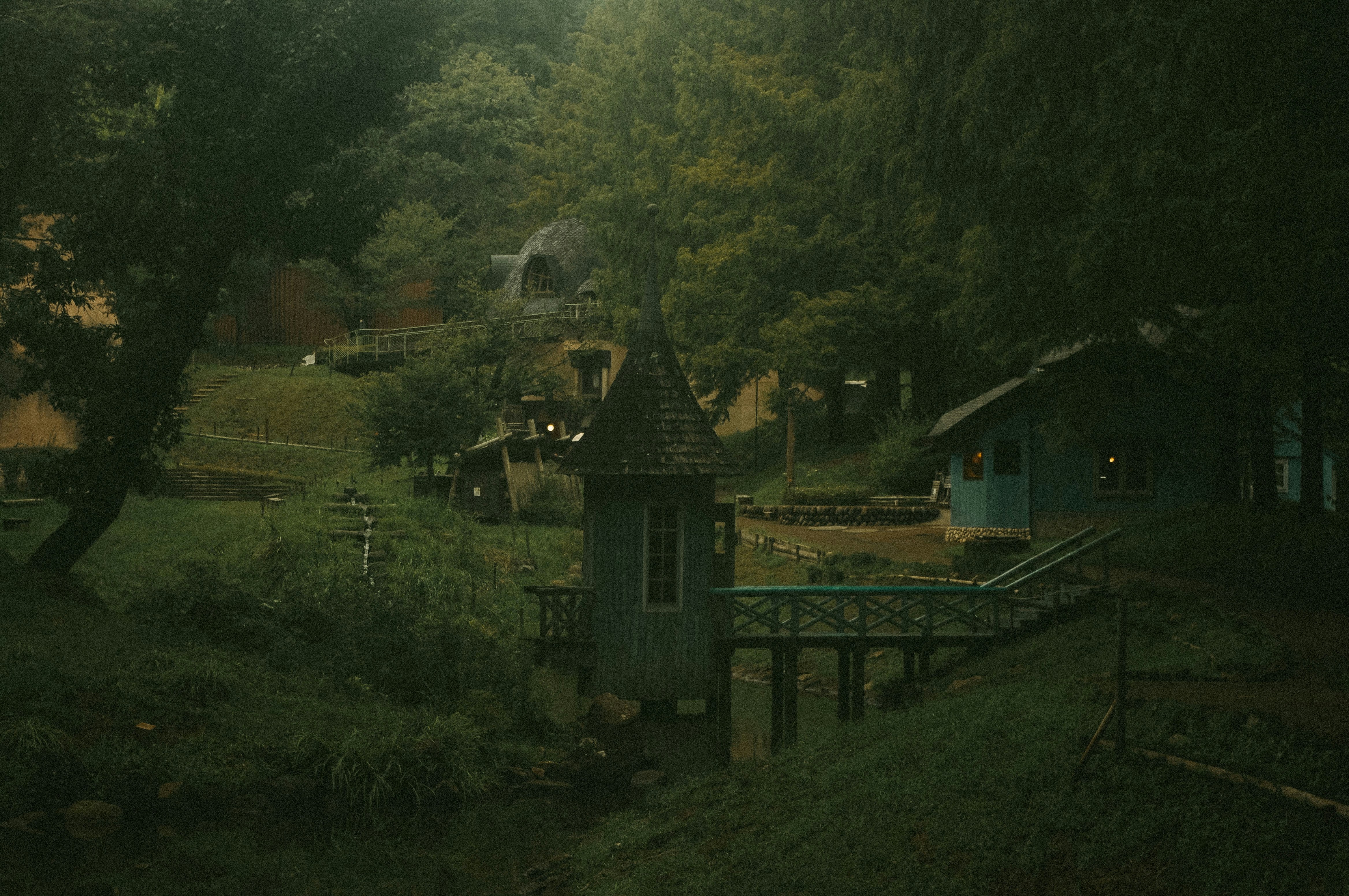 Rustic village nestled amongst lush green trees