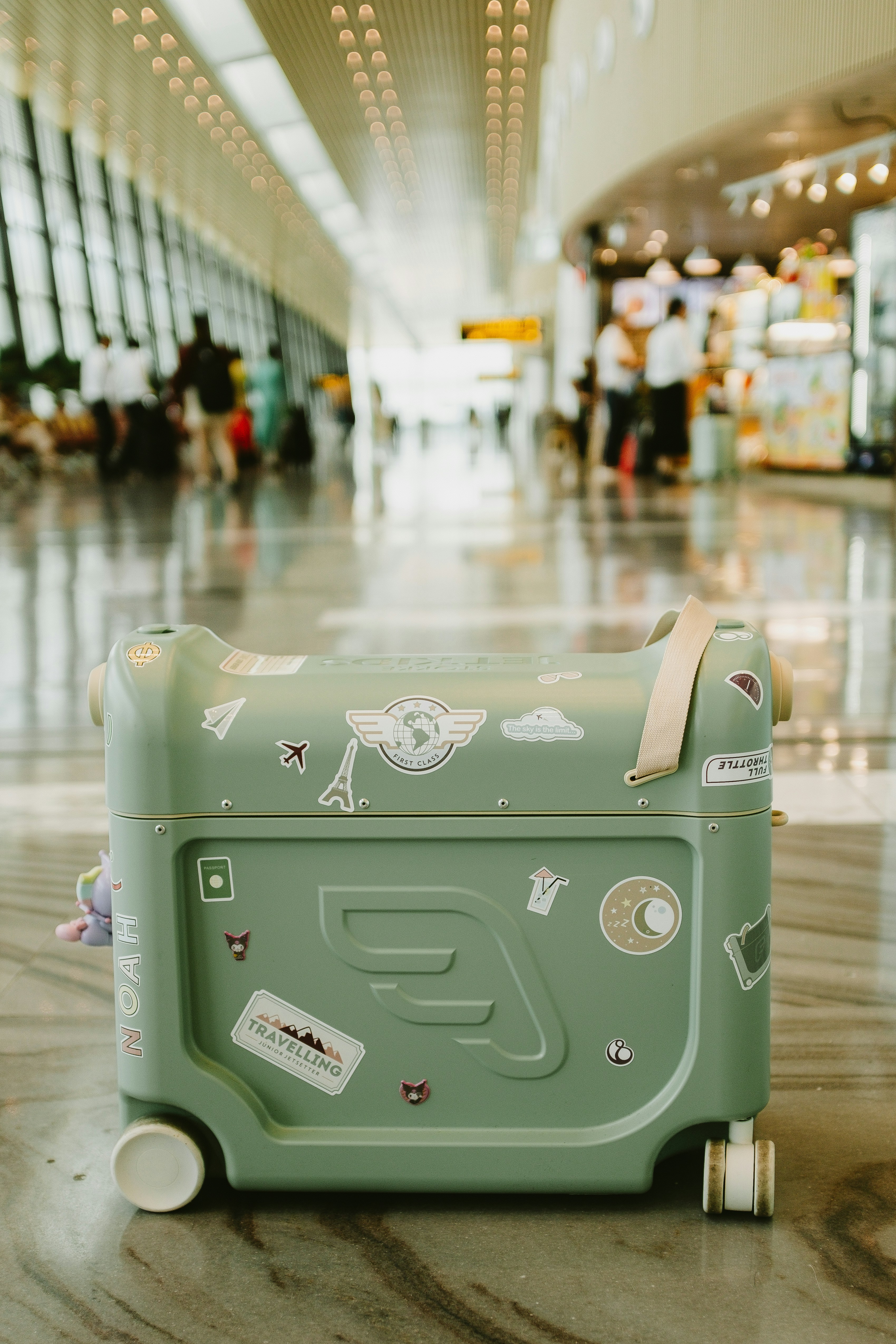 Green suitcase with travel stickers in airport terminal photo – Free ...