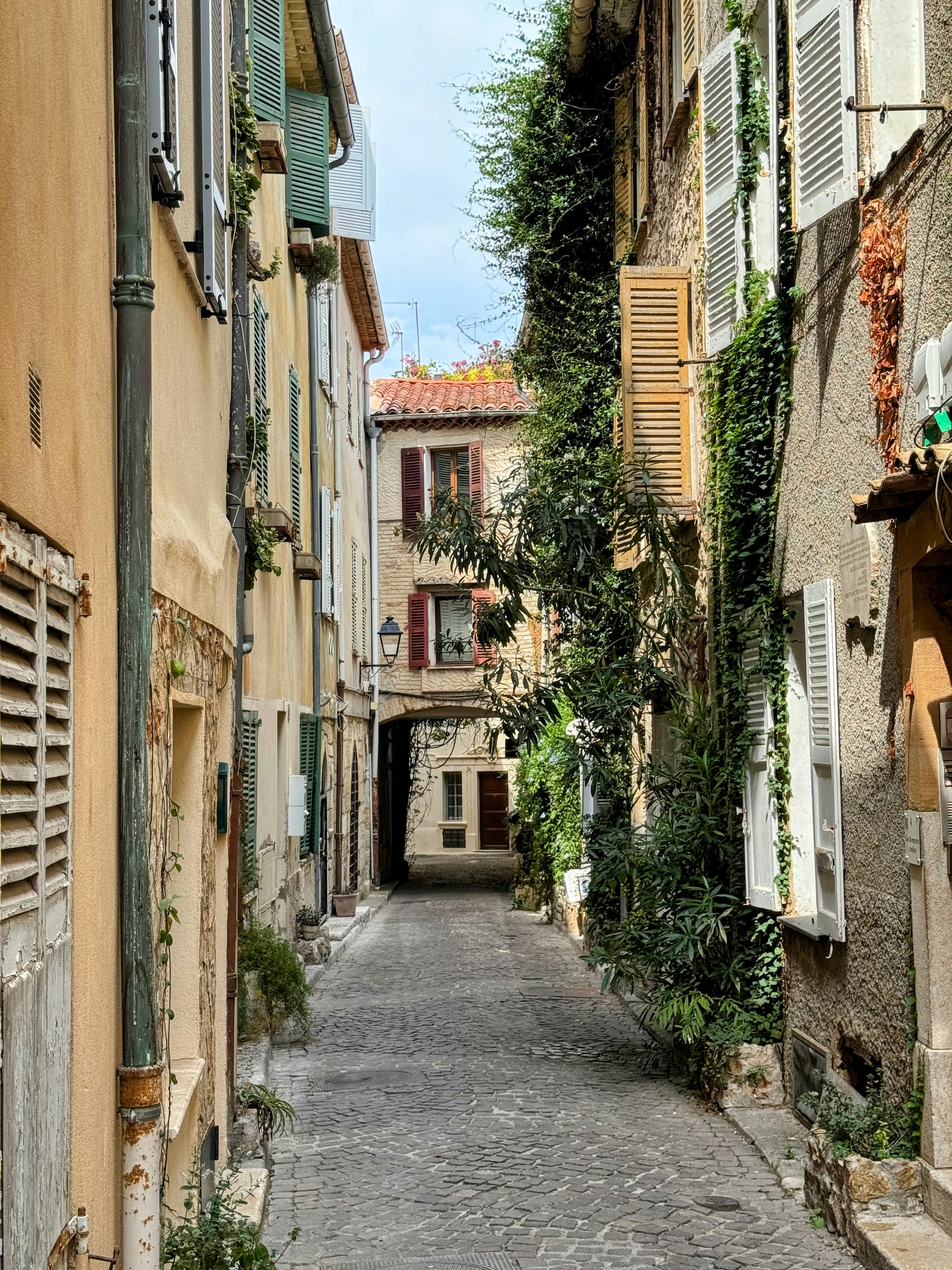 Narrow cobblestone street lined with old buildings.