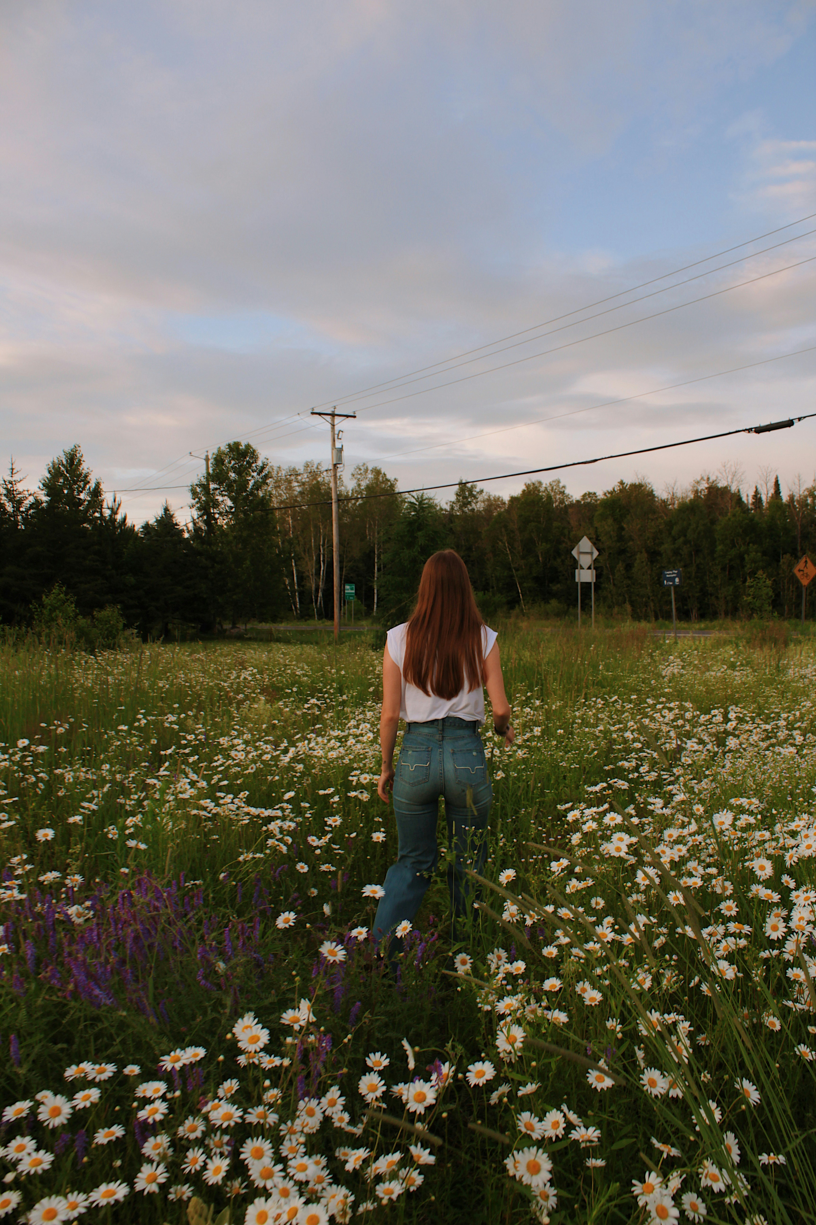 A young woman walks through a field of wildflowers, surrounded by lush greenery and a serene sky. The scene captures a moment of tranquility and connection with nature.