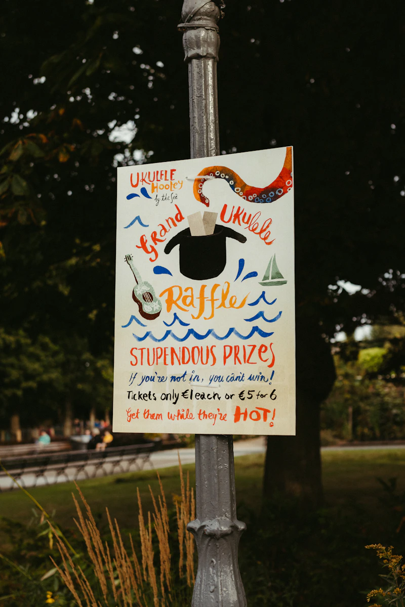 Parkside Ukulele Raffle Poster on a Weathered Lamp Post