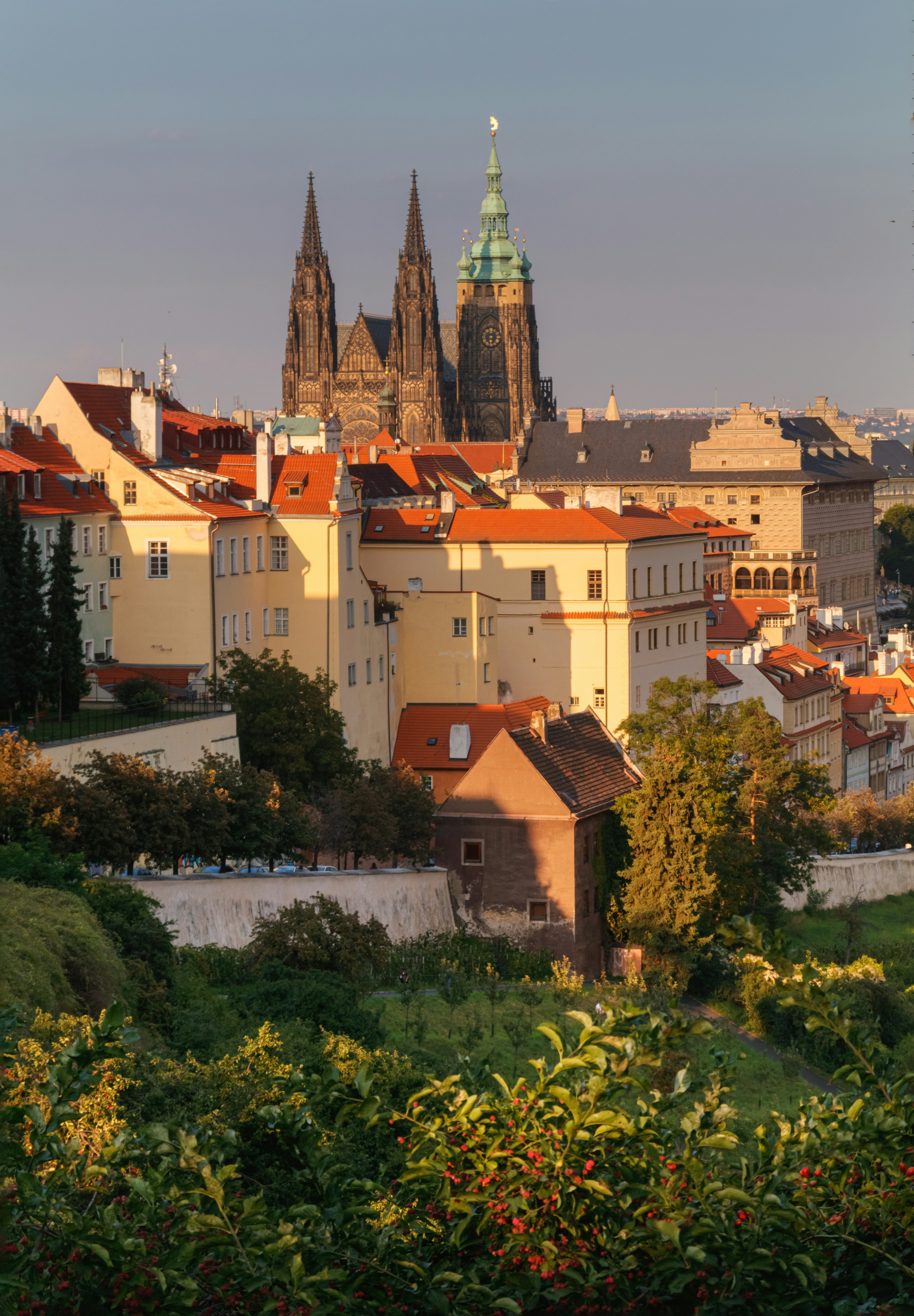Historic buildings and cathedral in prague at sunset